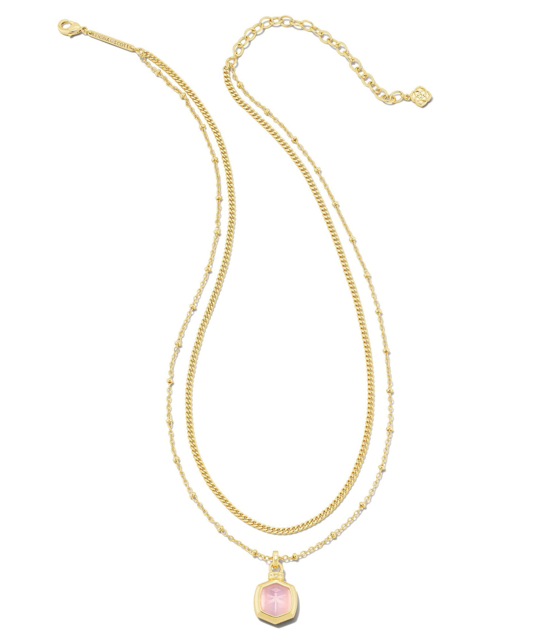 Kendra Scott Davie Intaglio Multistrand Necklace Gold Pink Opalite Glass Dragonfly One Size