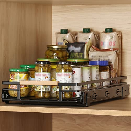 KES Pull Out Cabinet Organizer, 12" Wide Kitchen Bathroom Cabinet Drawer Heavy Duty Under Cabinet Slide Out Organizer Storage Shelves, Wooden Handle with Soft Close Black, KPO501W30D53-BK