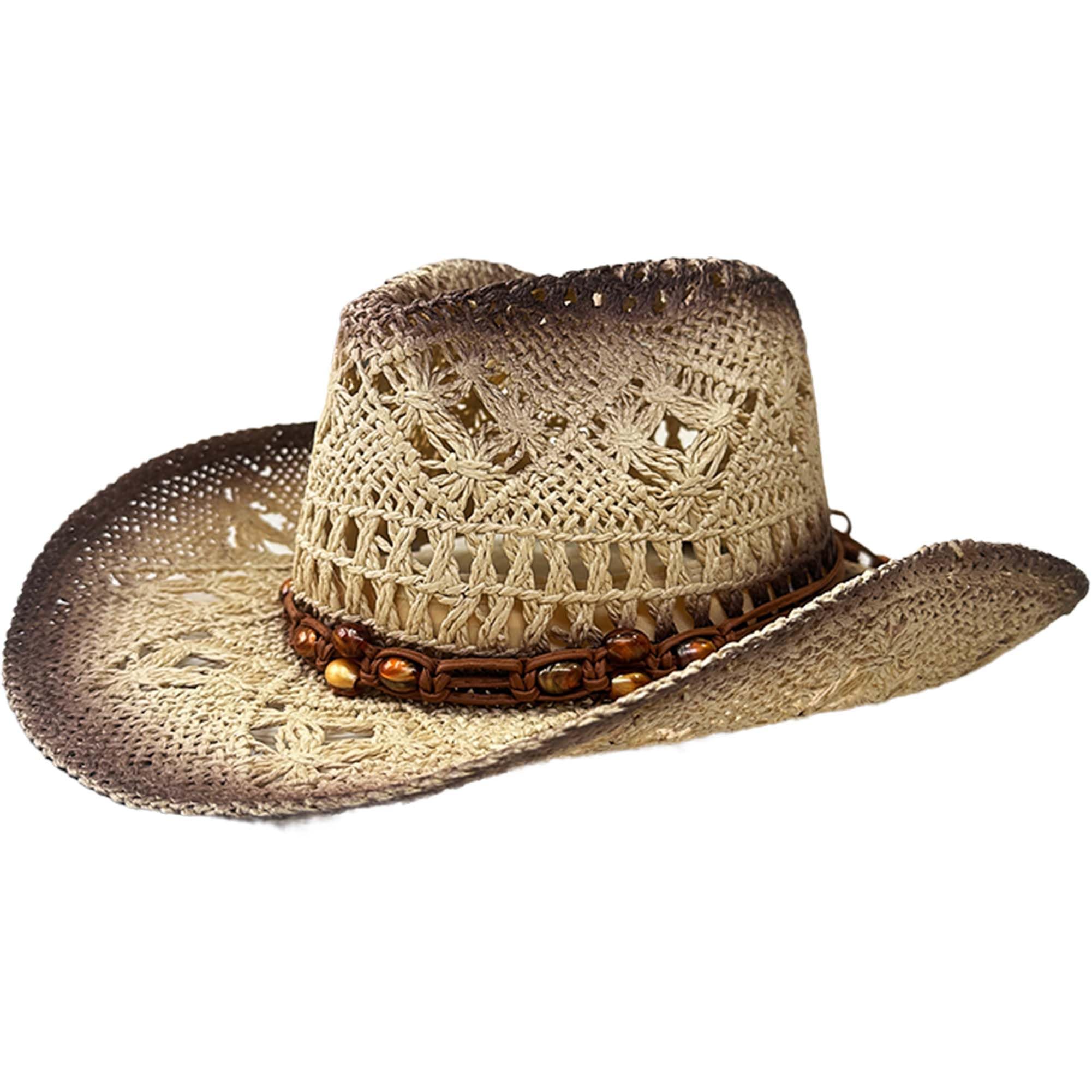 Lanzom Womens Straw Beach Sun Hat Packable Summer Cowboy Straw Hats with Wind Lanyard (Beige, Medium)