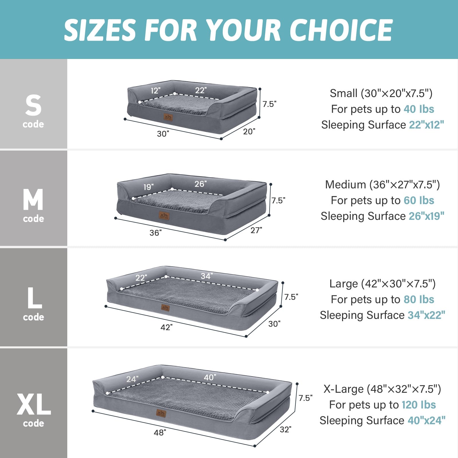 Orthopedic Dog Bed for Large Dogs,Washable Dog Sofa Beds Large, Supportive Foam Pet Couch Bed with Removable Washable Cover, Waterproof Lining and Nonskid Bottom,Grey(L,42" L x 30" W x 7.5" Th)