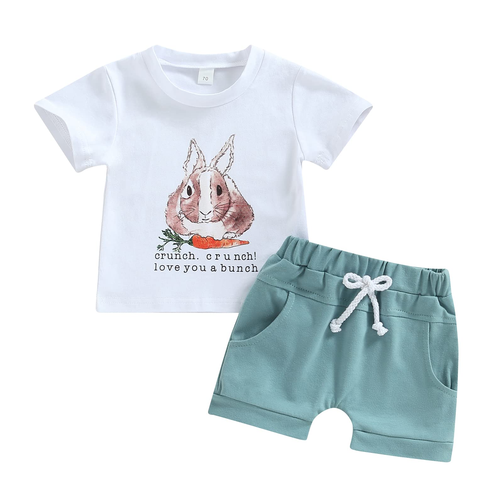 Newborn Baby Boy Easter Outfit Bunny Print Short Sleeve T-shirt Top Shorts Set 2Pcs Infant Summer Clothes (White, 18-24 Months)