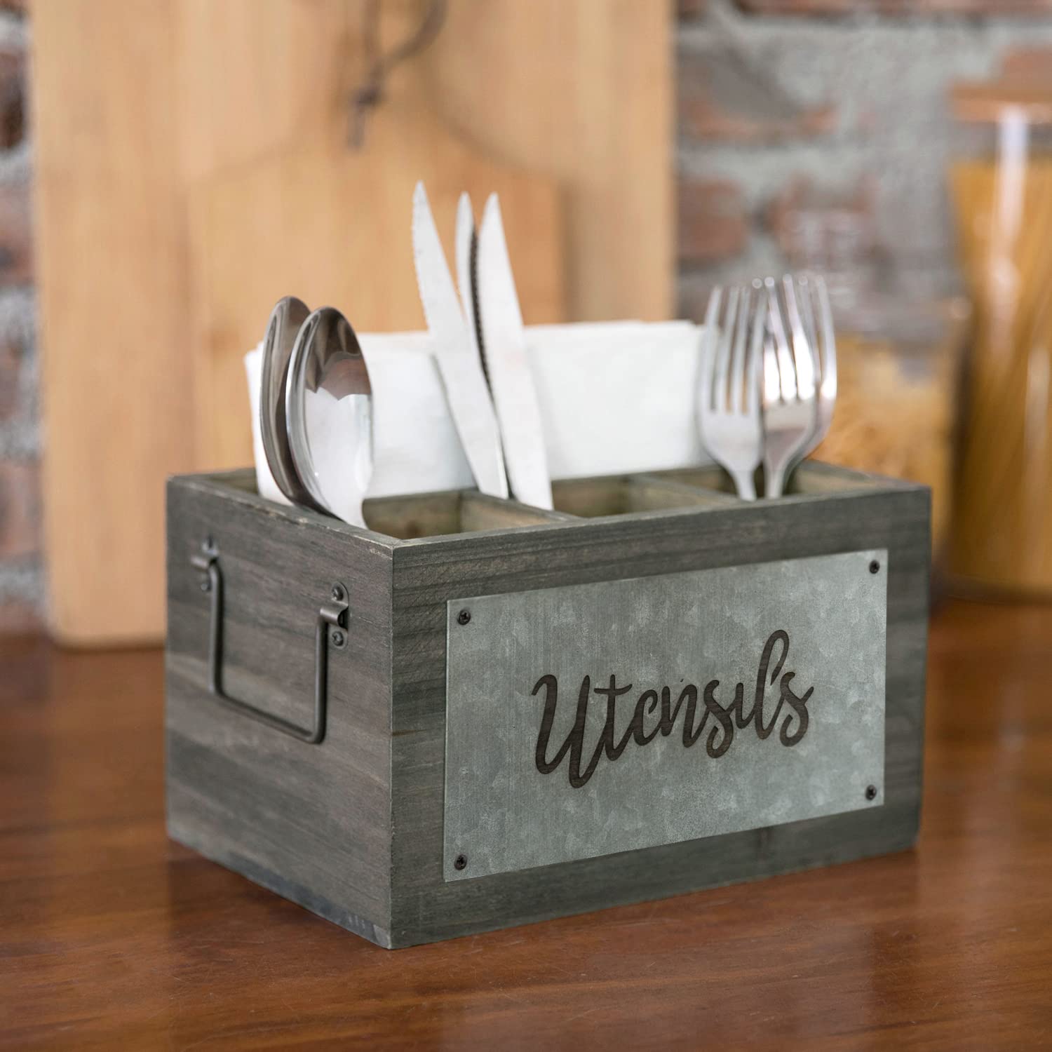 MyGift 4 Compartments Vintage Gray Wood Flatware Organizer and Napkin Holder Caddy with Rustic Metal Handles and UTENSILS Design Galvanized Panel for Kitchen Counter, Dining Room Table, Buffet Server