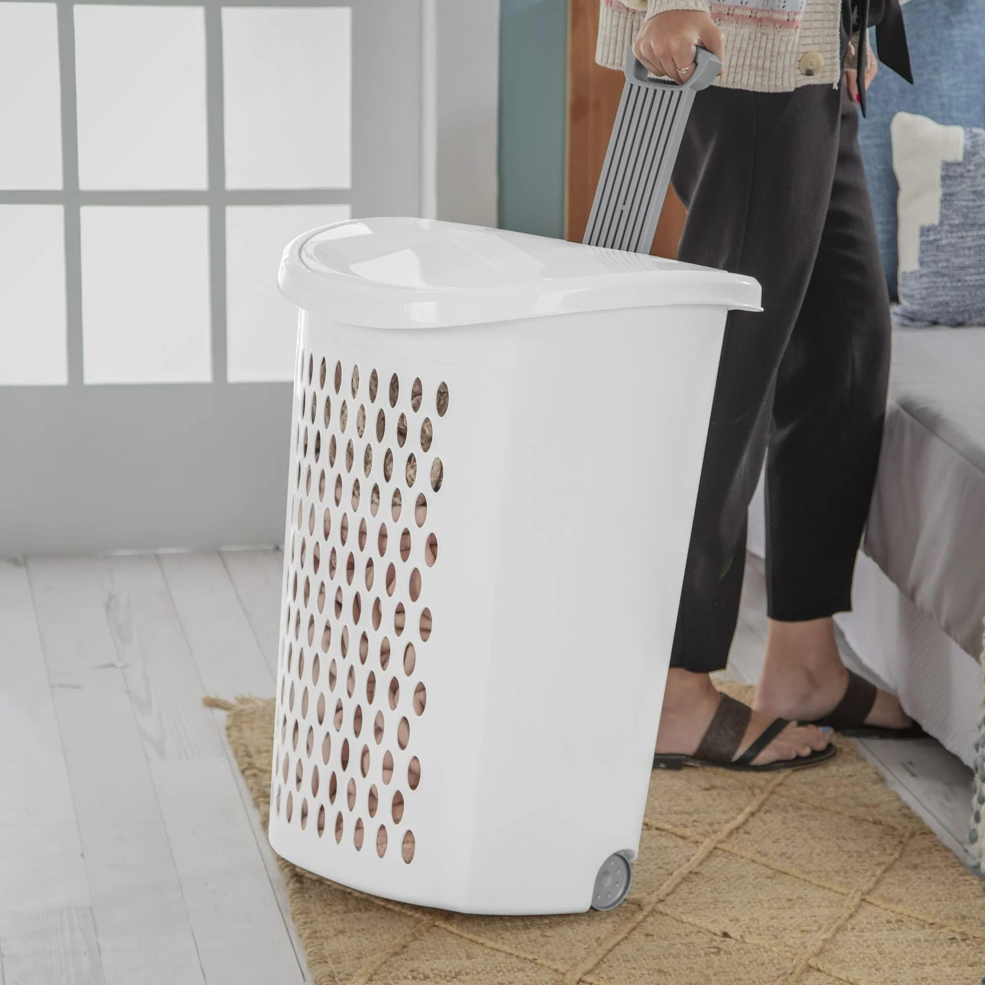 SeaQily Ultra Wheeled Design Clothes Laundry Basket, Mind Reader Basket Collection,135 Liter (20 1/8" x 15 3/8" x 26 3/4")Capacity, Laundry Hamper White Lid & Base w/Plastic Handle & Wheels,1-Pack