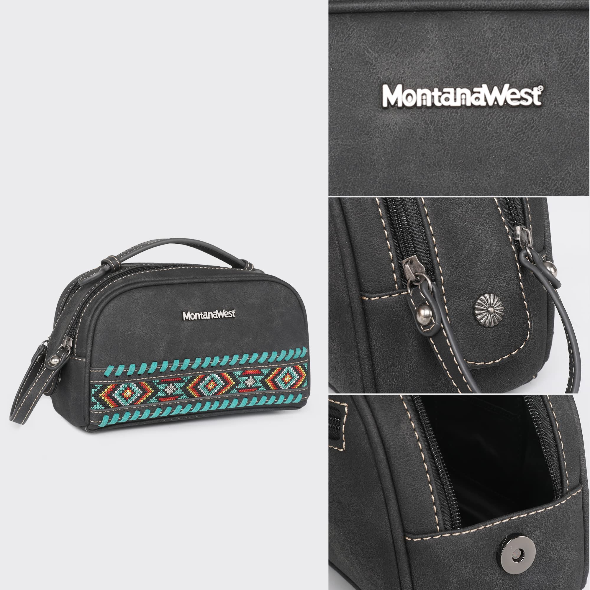 Montana West Aztec Embroidered Collection Western Purses Travel Pouch Cosmetic Organizer for Women MW1074-190BK