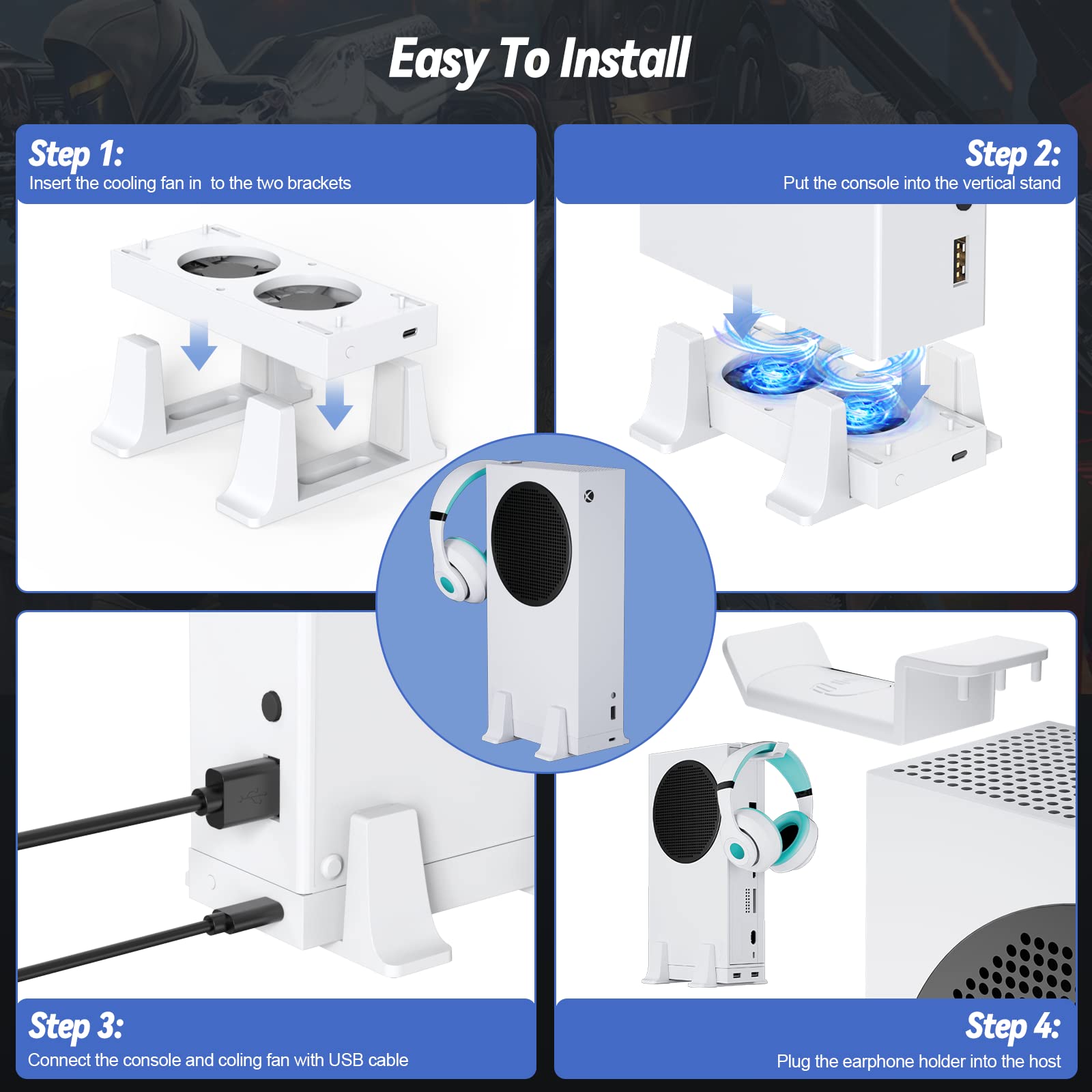 Narati Cooling Fan with Headset Holder for Xbox Series S, Dual Purpose Stand Fan Cooling Dock Station, High Speed Fan Cooler System, 3 Level Adjustable Speed & 2 Extra USB Ports(Only for Series S)