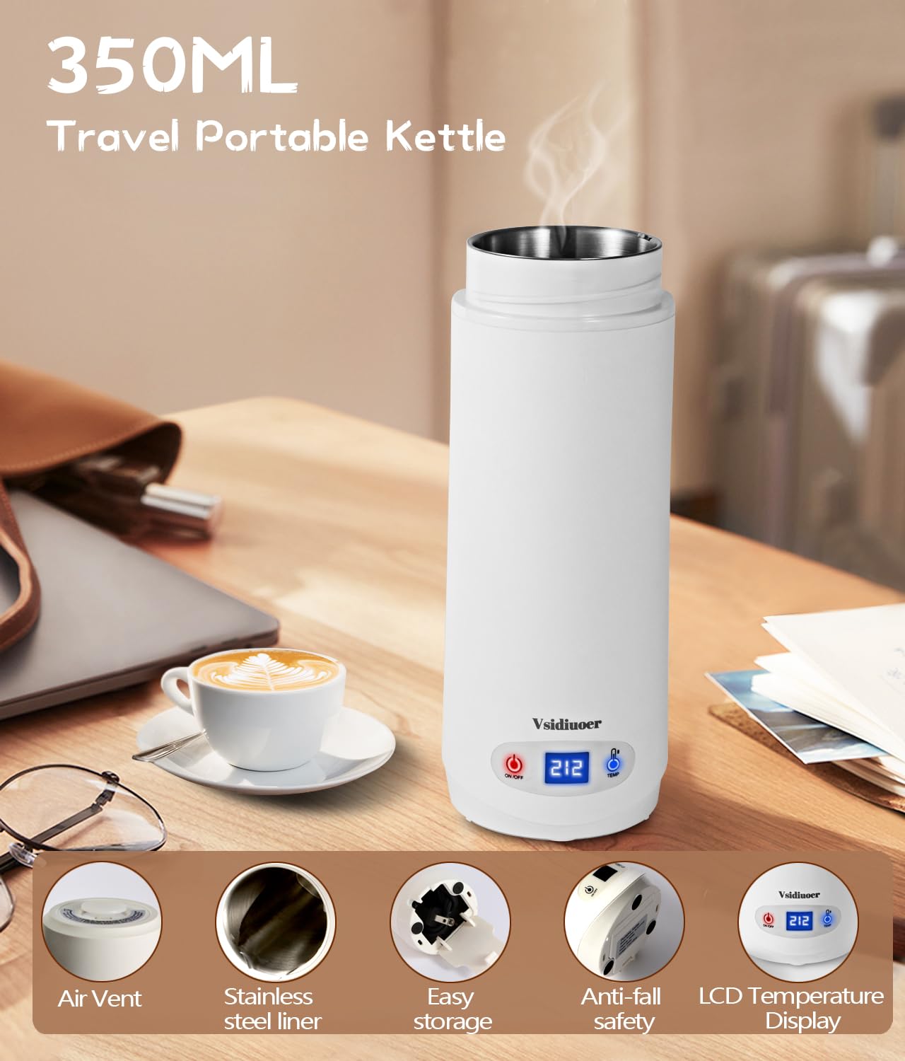 Portable Tea Kettle Electric Travel, 350ML mini tea kettle Water Heater with 4 Temperature Settings, Auto Shut-Off and Boil Dry Protection