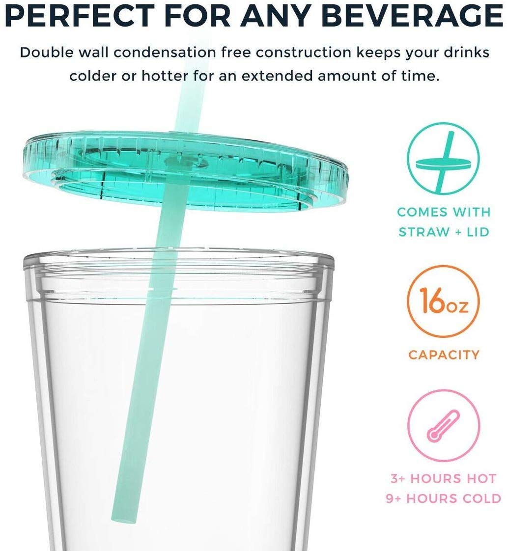 Maars Classic Insulated Tumblers 16 oz | Double Wall, Reusable Plastic Acrylic - Clear | Perfect for Parties, Birthdays, Customization - 4 Pack