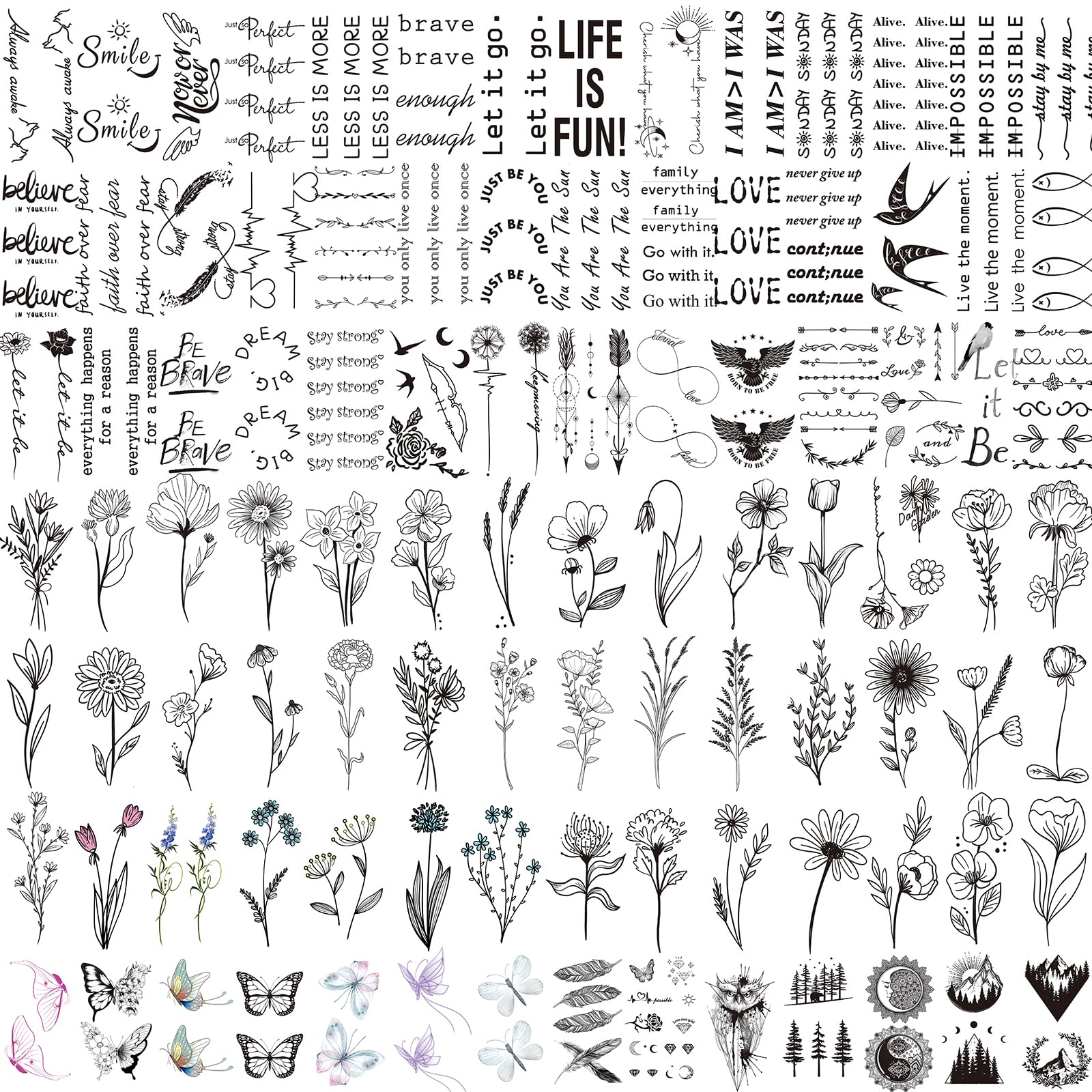 JEEFONNA Realistic Temporary Tattoos, 100 Sheets 240+ Pcs Tiny Fake Tattoos, Include 40 Sheets Inspirational Words Tattoo, 60 Sheets Butterflies Owls Feathers Hills Trees Wild Floral Flower Temporary Tattoos Stickers for Women Adult Kids (Bigger Size)