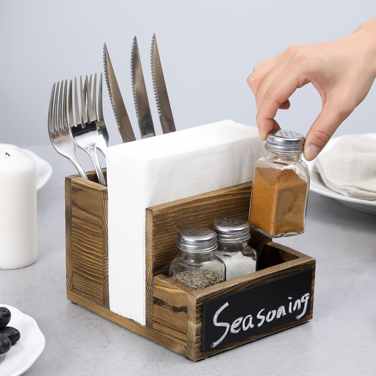 MyGift 4 Piece Set Rustic Brown Solid Wood Napkin and Salt & Pepper Shaker and Flatware Holder Caddy with 4 Compartments, 3 Seasoning Jar Bottles and Chalkboard Label