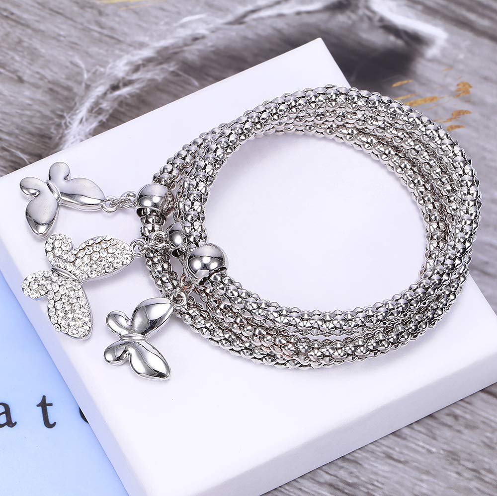 Koleso 3 Pcs/Set Crystal Butterfly Charm Bracelets & Bangles For Women Gold/Silvery Popcorn Chain Bracelets Adjustable Without Deformed - Silver
