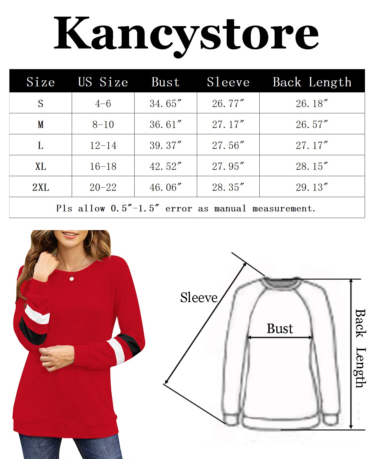 Kancystore Red Sweatshirts for Women Crewneck Tunic Sweaters Solid Striped Long Sleeve Tops Pullover L