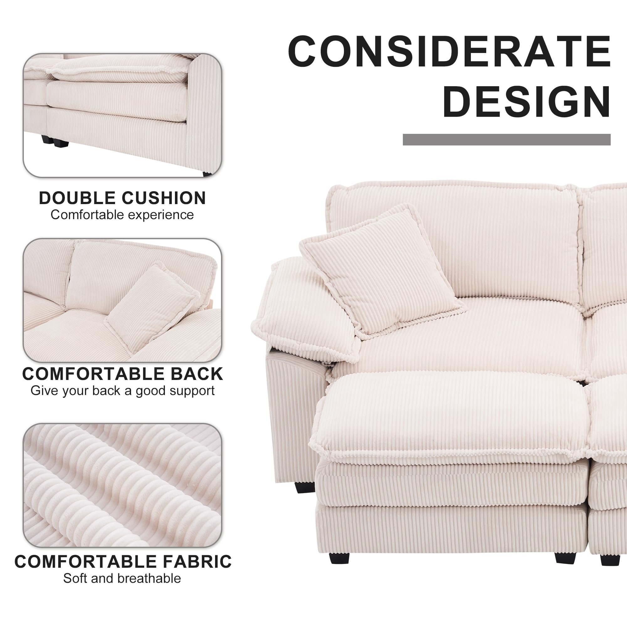 OUYESSIR Oversized Loveseat Sectional Sofa Couch with 2 Ottoman, 84.6" Modern Upholstered Corduroy Modular Cloud Couch, Comfy Deep Seat L Shaped Sofa for Living Room, Small Space, Grey