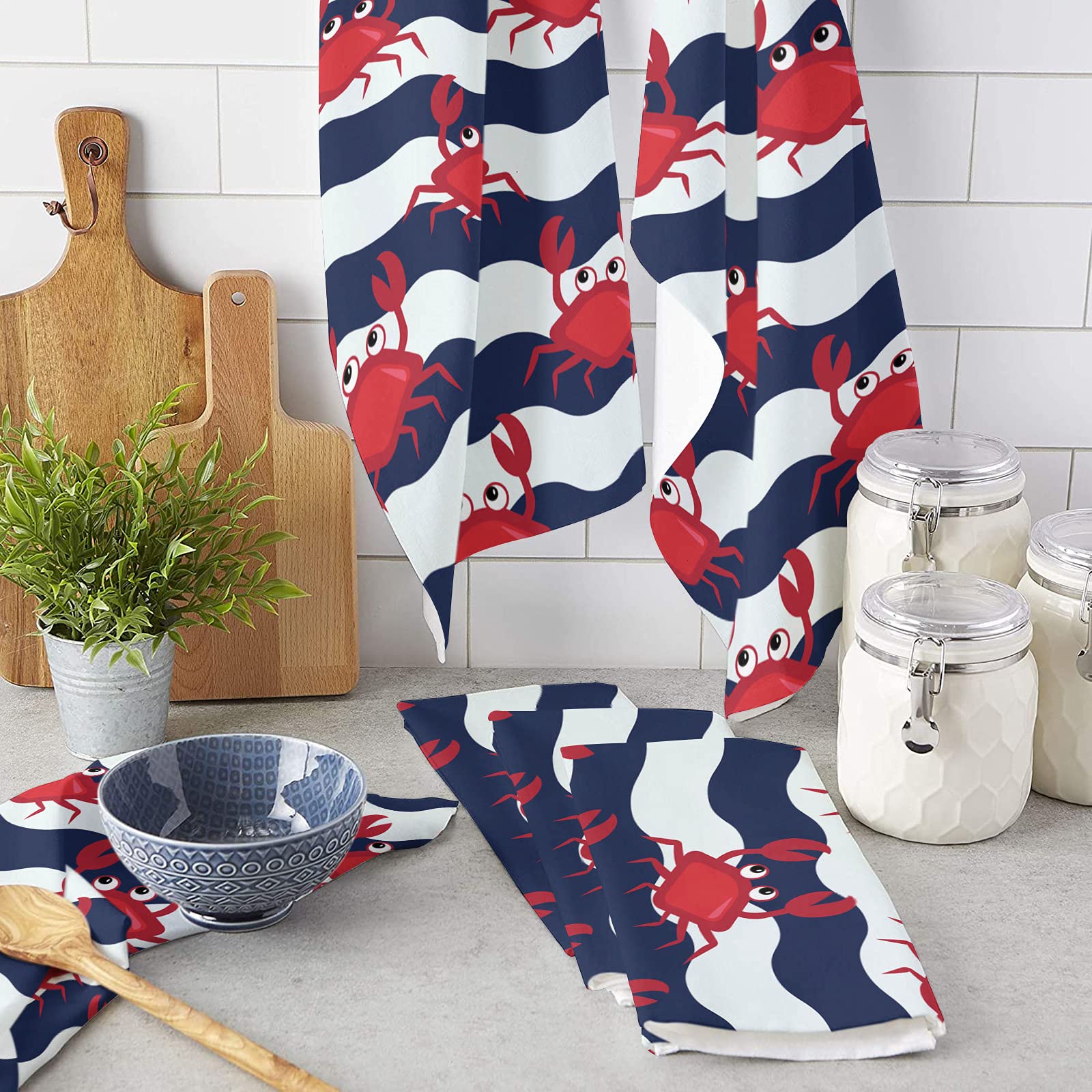 Kitchen Dish Towels 2 Pack-Super Absorbent Soft Microfiber,Cartoon Crab on Stripes Cleaning Dishcloth Hand Towels Tea Towels for Kitchen Bathroom Bar