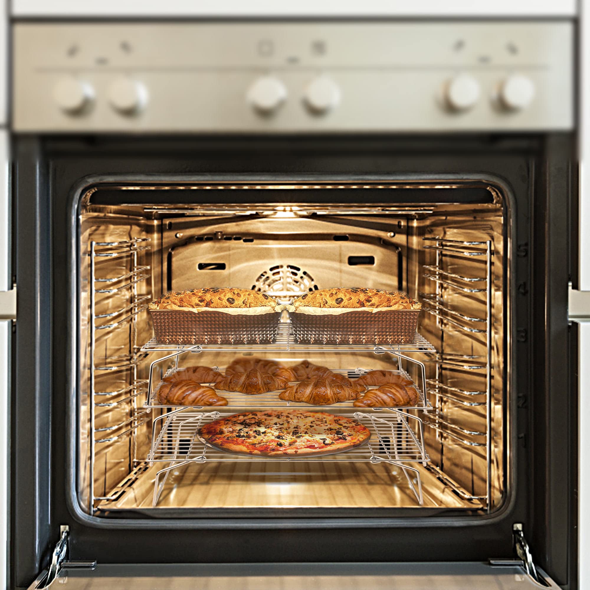 Leonyo Cooling Baking Rack 5-Tier Stackable Stainless Steel Wire Baking Cooking Racks Set for Cookie, Pizza, Cup Cake, Raised & Folding Feet, Oven Safe & Dishwasher Safe, Rust-Resistant - 15’’ x 10’’