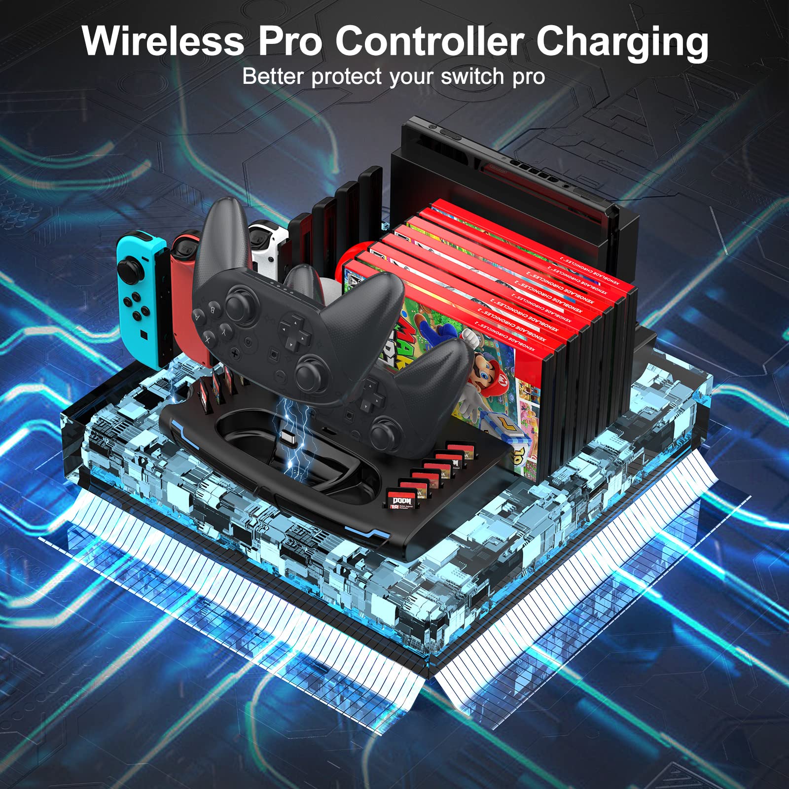 Keten Switch Accessories Organizer Station, Controller & J-Cons Charger, Switch Storage for Games, TV Dock, Pro Controller, Wrist Strap, Compatible with NS & OLED