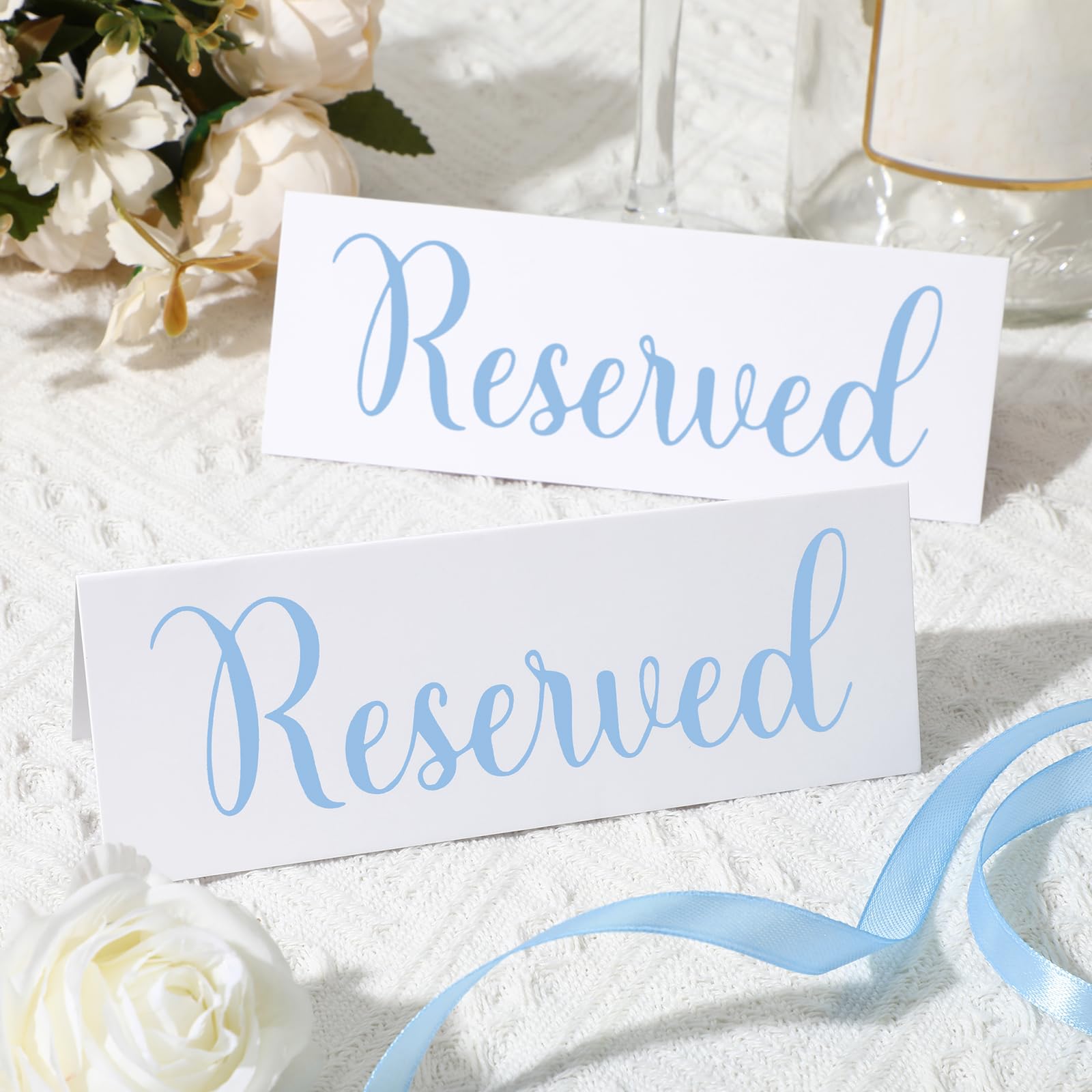 Spakon 20 Pack Reserved Signs 2.17 x 6 Inch White Blue Paper Reserved Table Signs for Wedding Christmas Party Restaurant Receptions Events Business Birthday Party