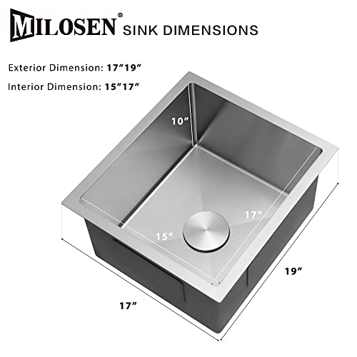 MILOSEN Bar Sink Undermount 17×19 Inch, Wet Bar Prep Kitchen Sink, Small RV Kitchen Sink Single Bowl, Small Stainless Steel Undermount Bar Sink