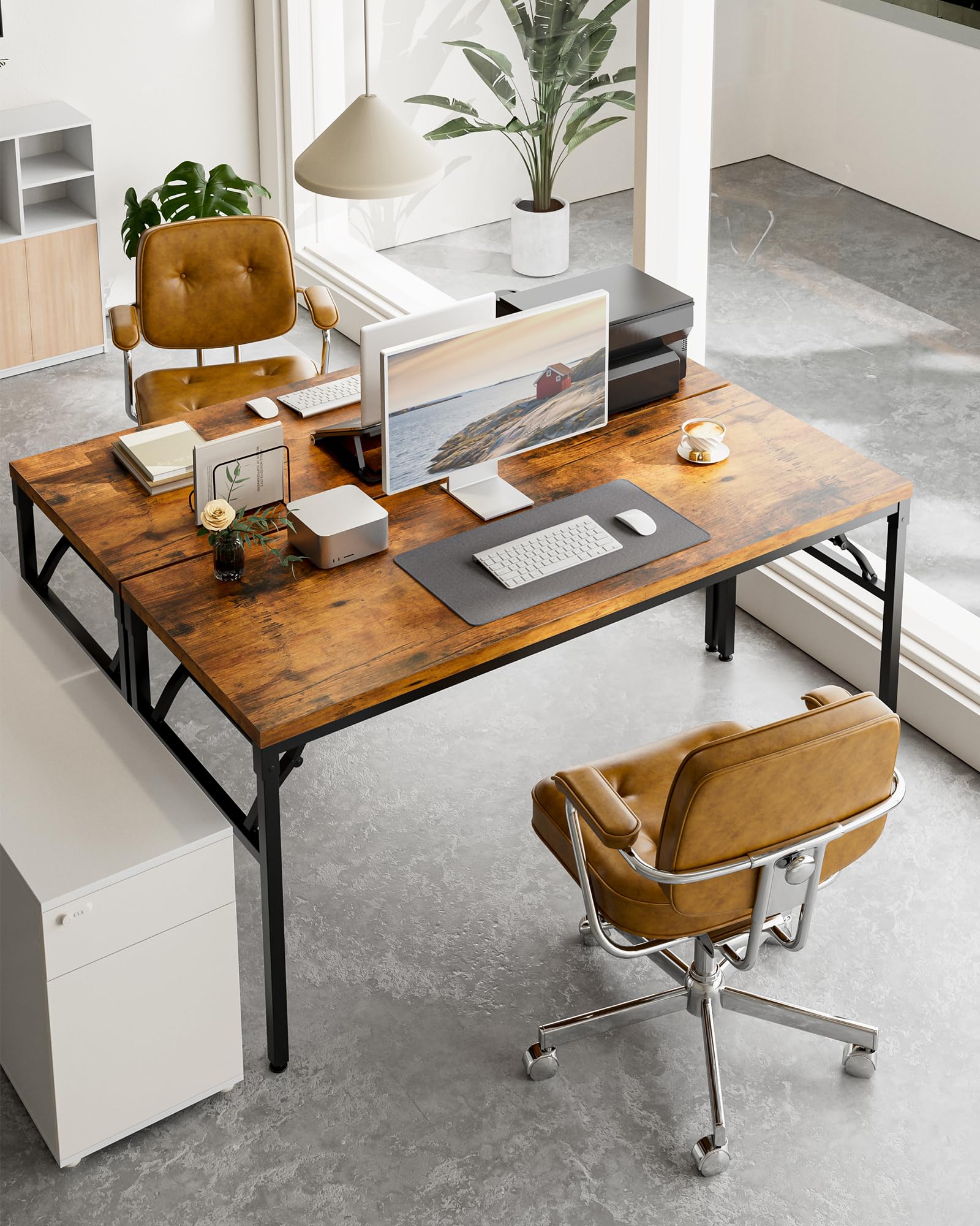 TEMI Modern Computer Desk 63 inch Large Desk – Seamless Wood Top for Home and Office – No Assembly Executive Desk, Gaming Desk, or Work Table – Sturdy Home Office Long Desk, Writing Desk, Brown