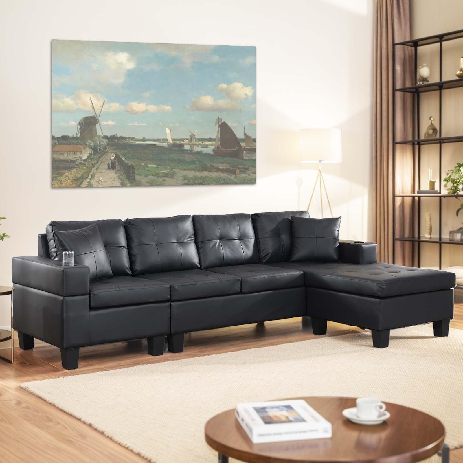 Sectional Sofa with Chaise,PU Sectional Sofa Set with Cup Holder,PU Fabric Sofa Set, Convertible Sectional Sofa,Reversible Sectional Couch for Living Room, L Shaped 4-seat Sectional Sofa Black