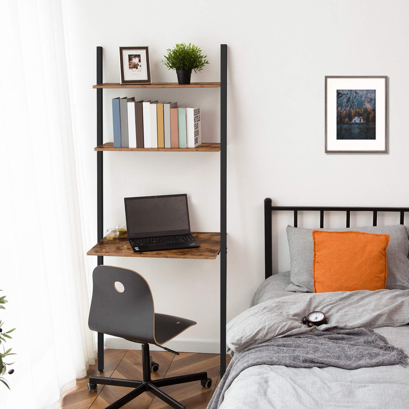 HOOBRO Ladder Computer Desk, Small Home Office Writing Desk with Bookshelf, Industrial Ladder Shelf, Sturdy Metal Frame, Space-Saving Workstation, Easy Assembly, Rustic Brown BF72DN01