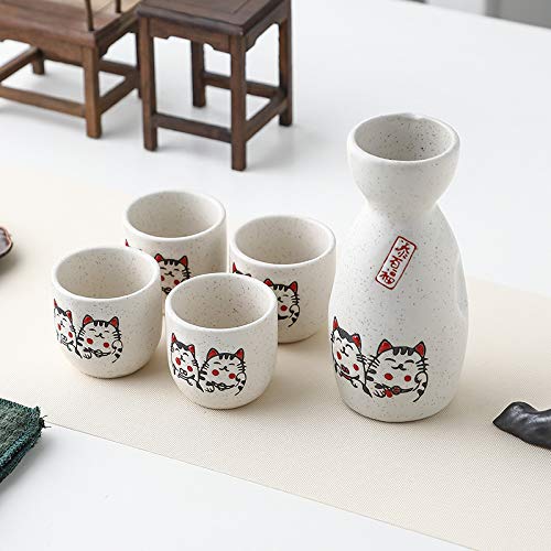 Mozacona Ceramic Lucky Cat Japanese Sake Set,1 Tokkuri Bottle and 4 Ochoko Cups