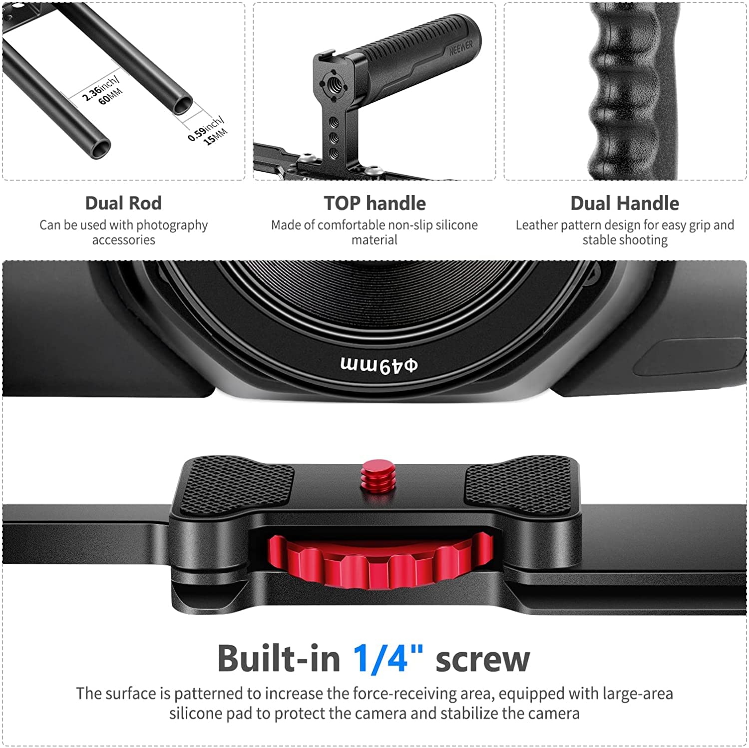 NEEWER Aluminum Alloy Camera Cage, Filmmaking Rig with Top Handle, Dual Grips, Standard Arca Type Base, Compatible with Sony A7S III A7IV A6600 Canon EOS R5C R5 R6 DSLR/Mirrorless Cameras - VS107
