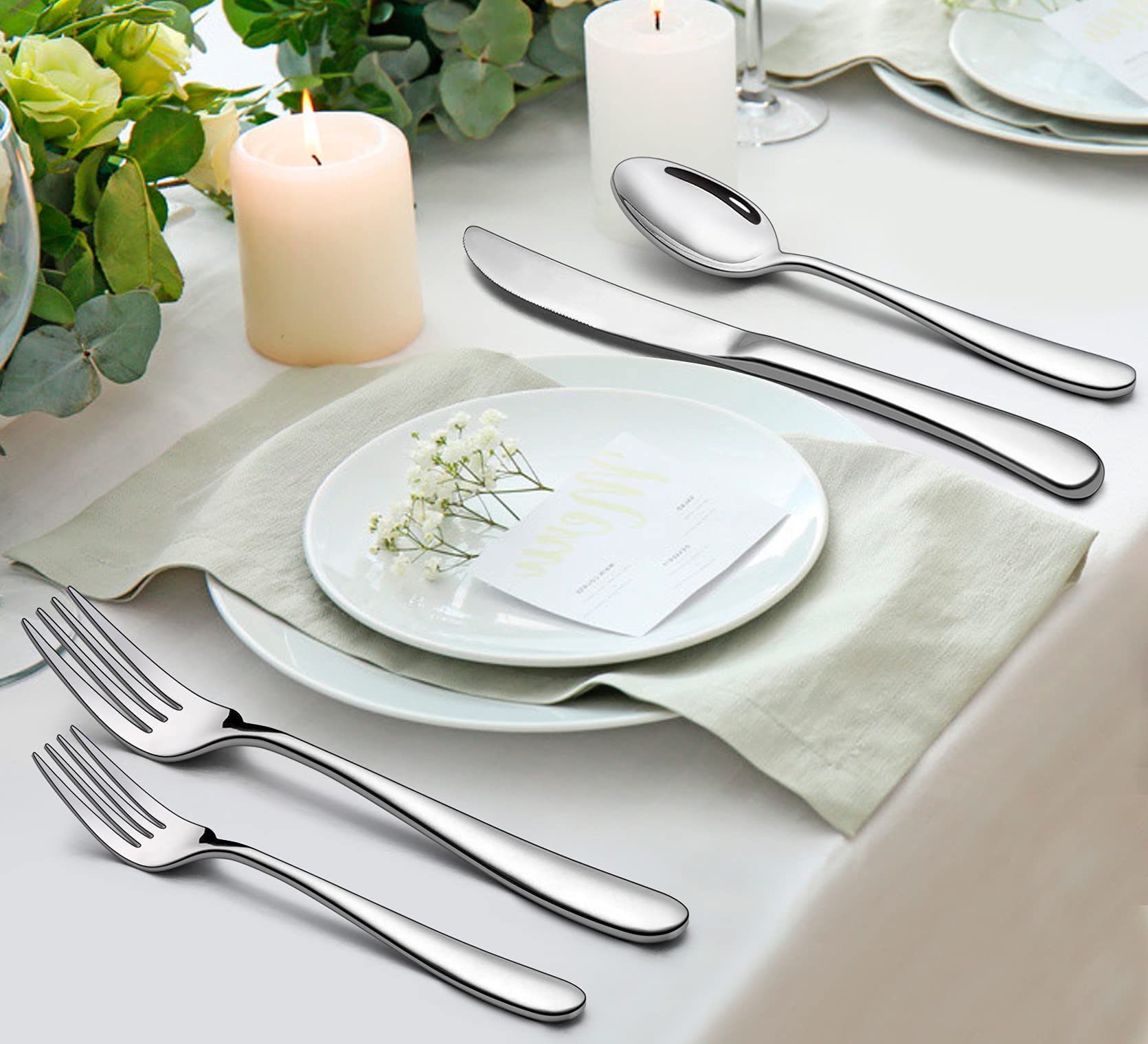 LIANYU 45-Piece Heavy Duty Silverware Set with Serving Utensils, Stainless Steel Flatware Set for 8, Thick Cutlery Eating Utensils Include Fork Knife Spoon, Mirror Finished, Dishwasher Safe