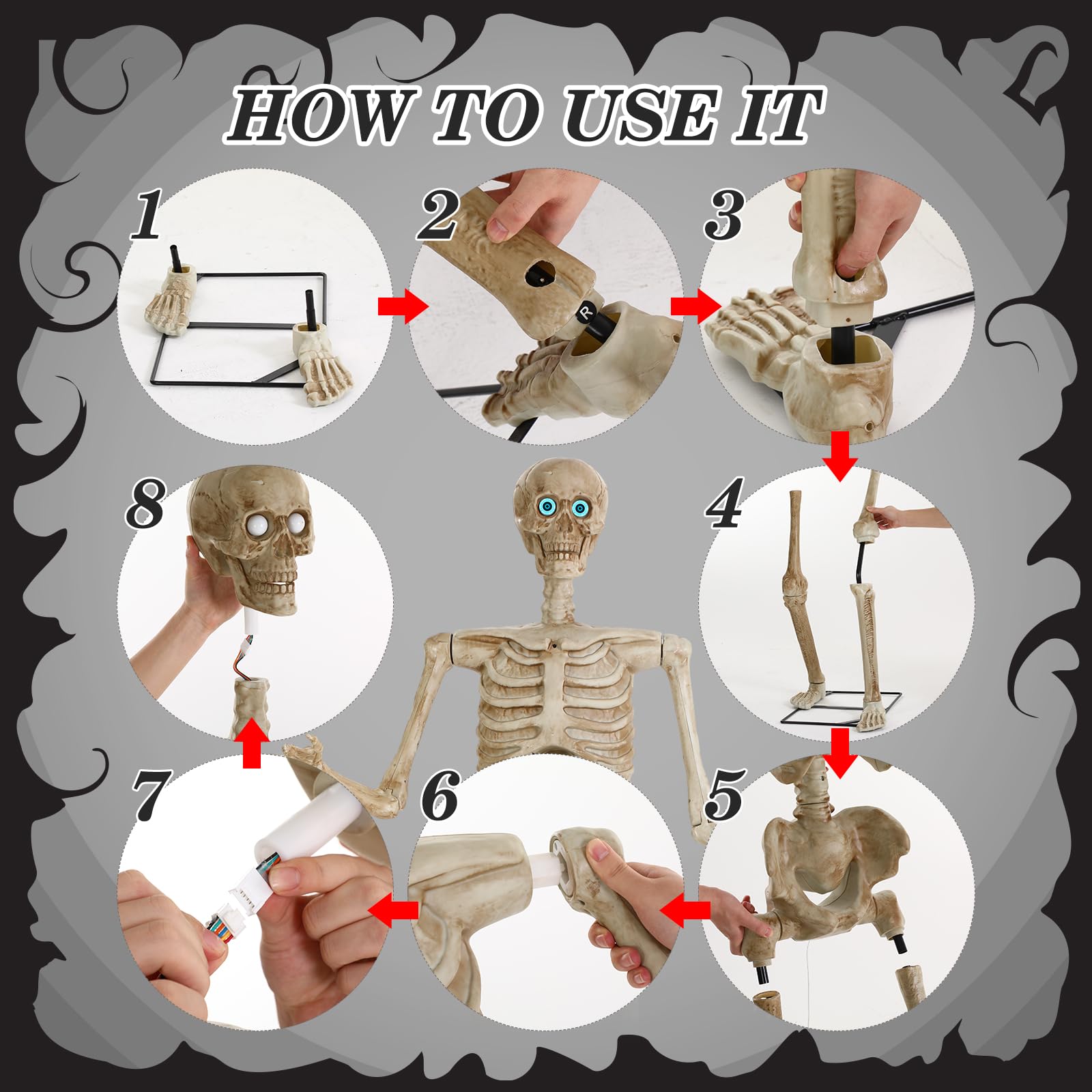 Jenaai 5.3 Ft Halloween Skeleton Decoration Skeleton Grim Animatronic Talking with Creepy Sound Effect, Full Body Posable Human Bones, LED Realistic Glowing Movable Eyeball, for Halloween Party Yard