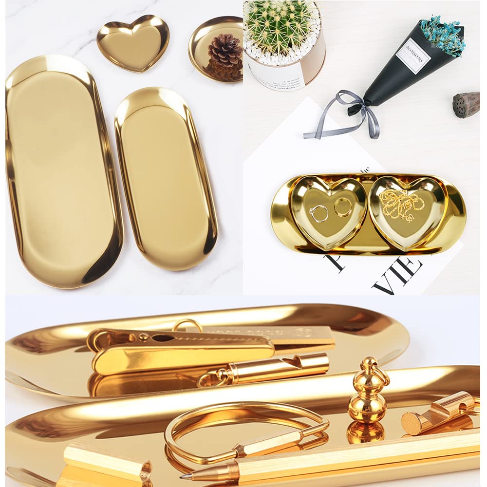 JKanruh 3 Pack 3 Sizes Gold Stainless Steel Towel Tray,Storage Tray,Tea Tray Fruit Trays,Decorative Tray,Jewelry Dish Cosmetics Organizer(Oval,Heart-Shaped)