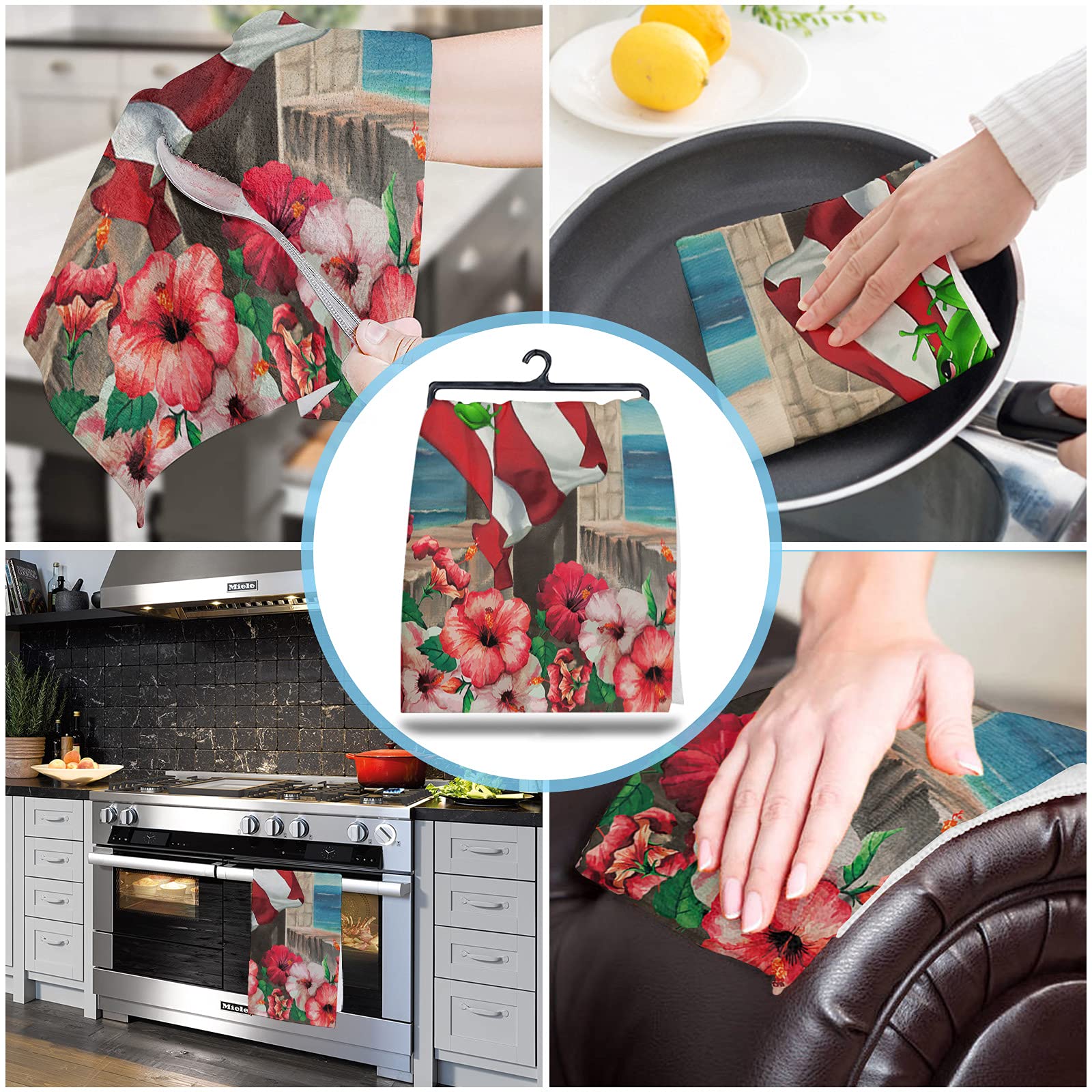 Kitchen Dish Towels 2 Pack-Super Absorbent Soft Microfiber,Puerto Rico Flag Frog Ocean Beach Cleaning Dishcloth Hand Towels Tea Towels for Kitchen Bathroom Bar