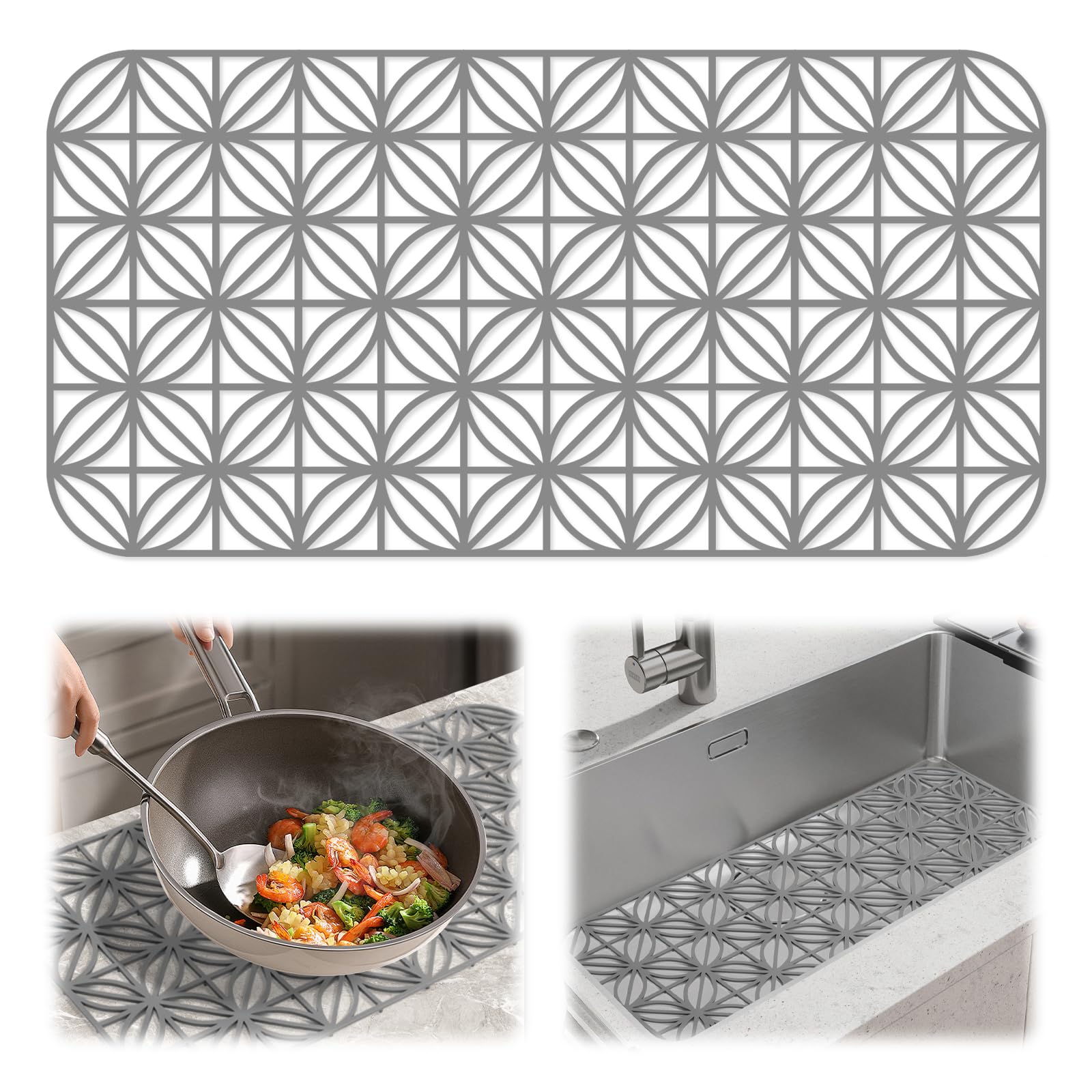 Sink Protectors for Kitchen Sink, 28.3"x 14.3" Large Non-slip Silicone Sink Mat, Heat Resistant Sink Matt Grid Cuttable Drain Openings, Sink Protectors for Stainless Steel Bottom of Kitchen Sink