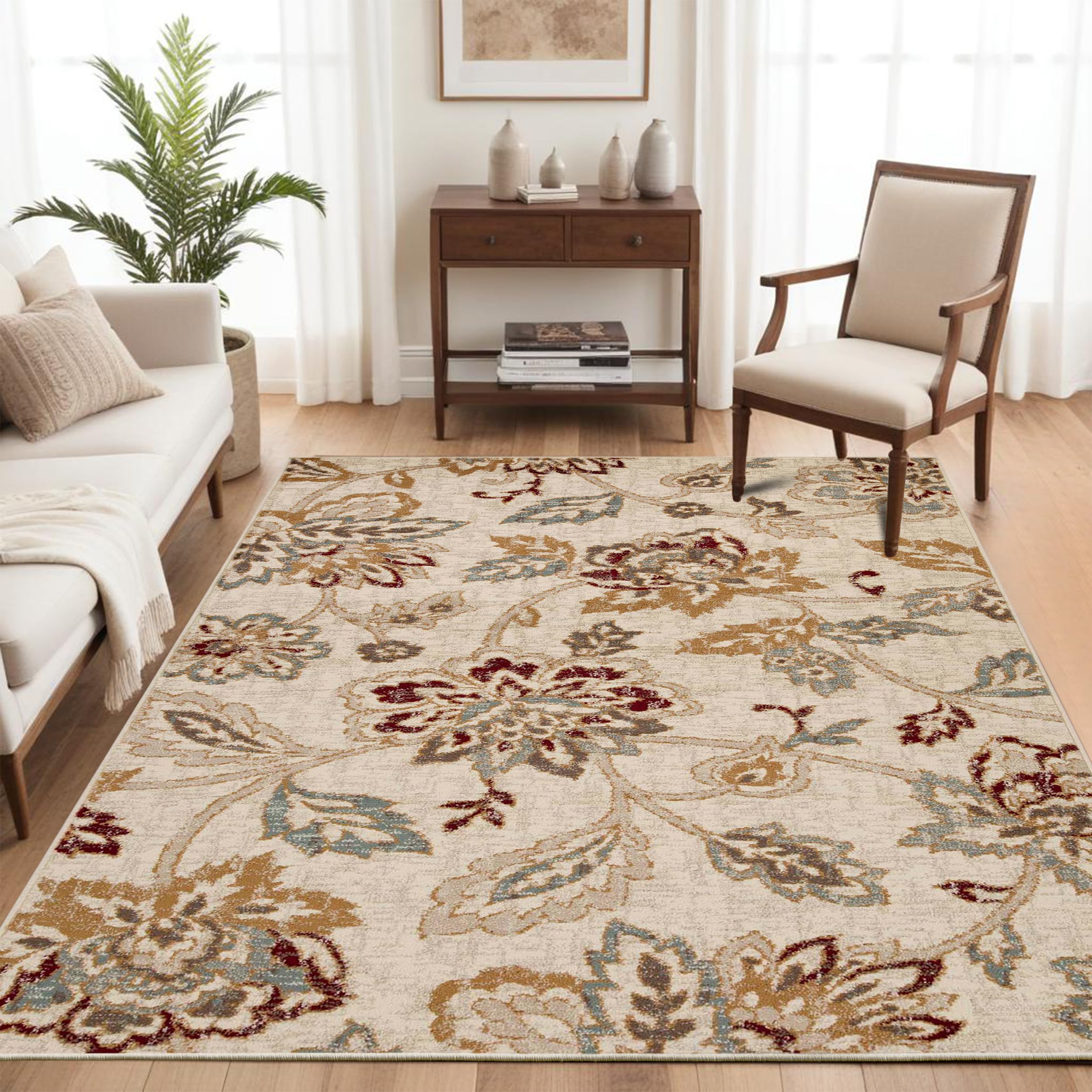 Superior Indoor Area Rug, Jute Backing, Plush Floral Rugs for Entryway, Living Room, Kitchen Floors, Bedroom, Office Floor Cover, Modern Farmhouse Rugs, Jacobean Collection, 8' x 10', Stone