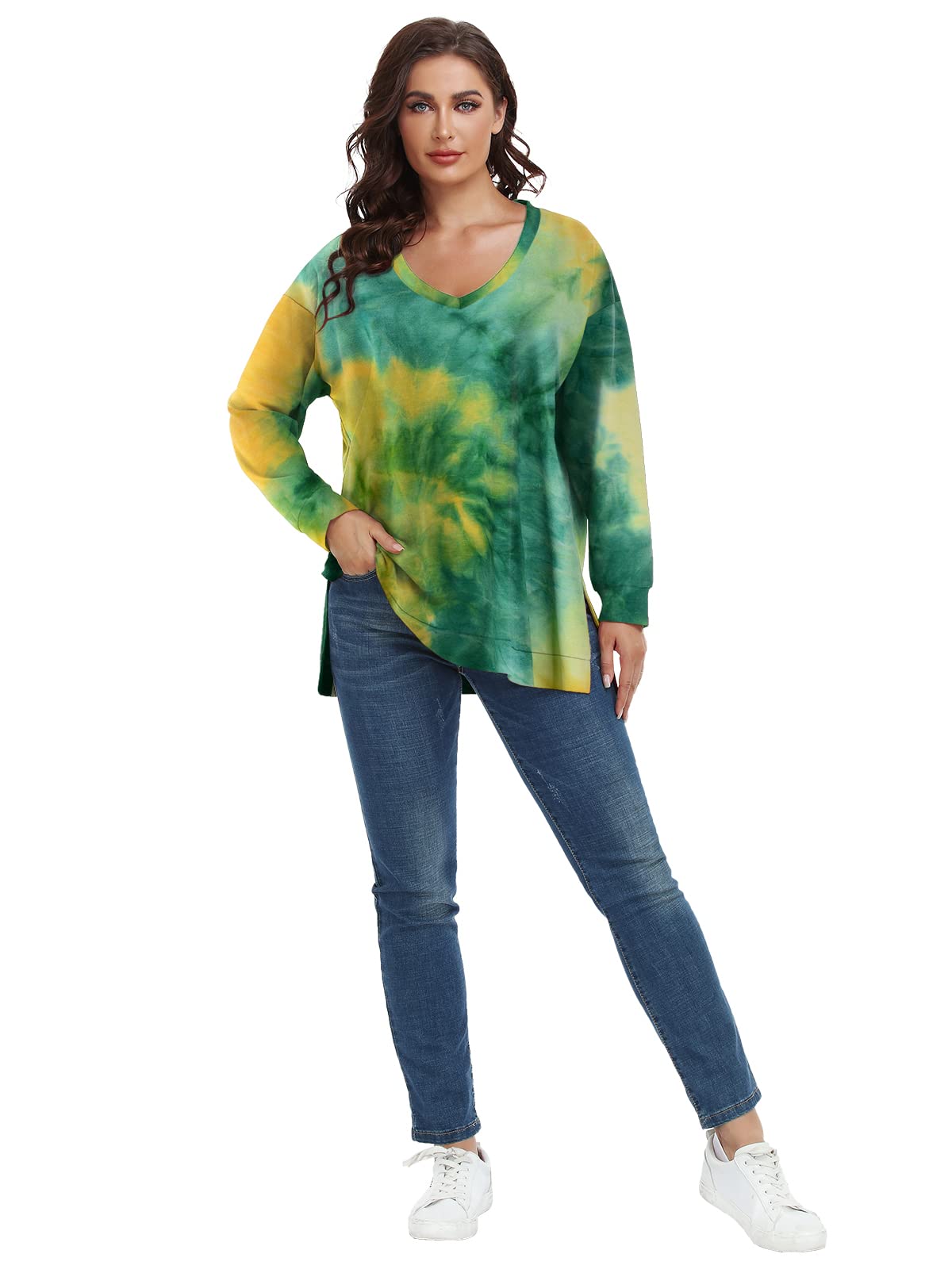 LARACE Tie Dye Sweatshirts for Women Plus Size Tops V Neck Side Split Shirt Casual Long Sleeve Pullover Tee(E-DarkGreen 4X)