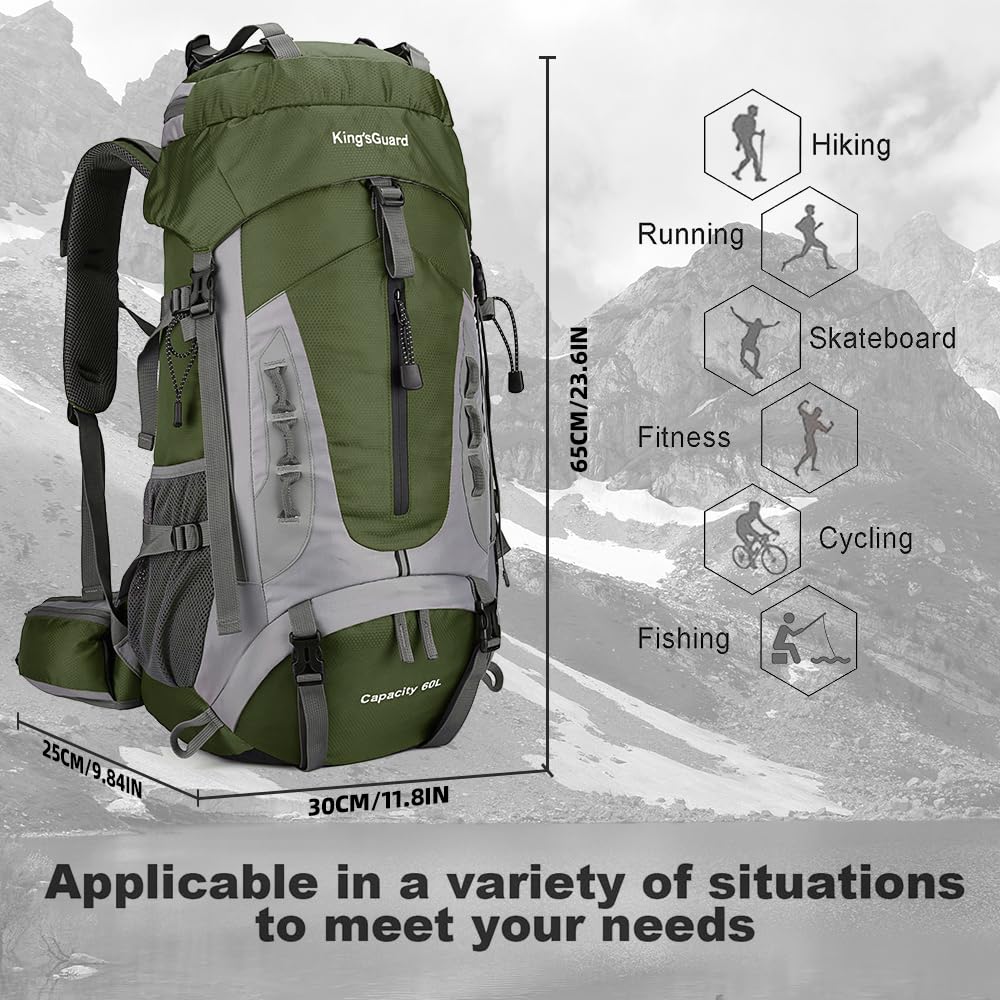 King'sGuard 60L Hiking Backpack Men Women Camping Backpack Waterproof Backpacking Mountaineering Climbing Daypack with Rain Cover (Army Green)