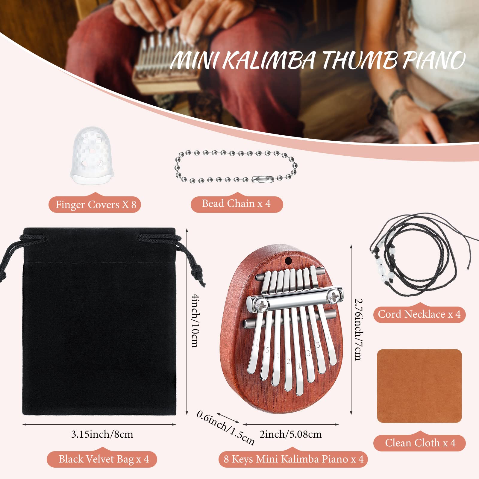 Konohan 24 Pcs 8 Keys Mini Kalimba Piano Set, Include 4 Mini Exquisite Finger Thumb Piano 4 Lanyard 4 Chains 8 Finger Protector 4 Cleaning Cloth for Kids Adults Beginners Gift (simple Style)