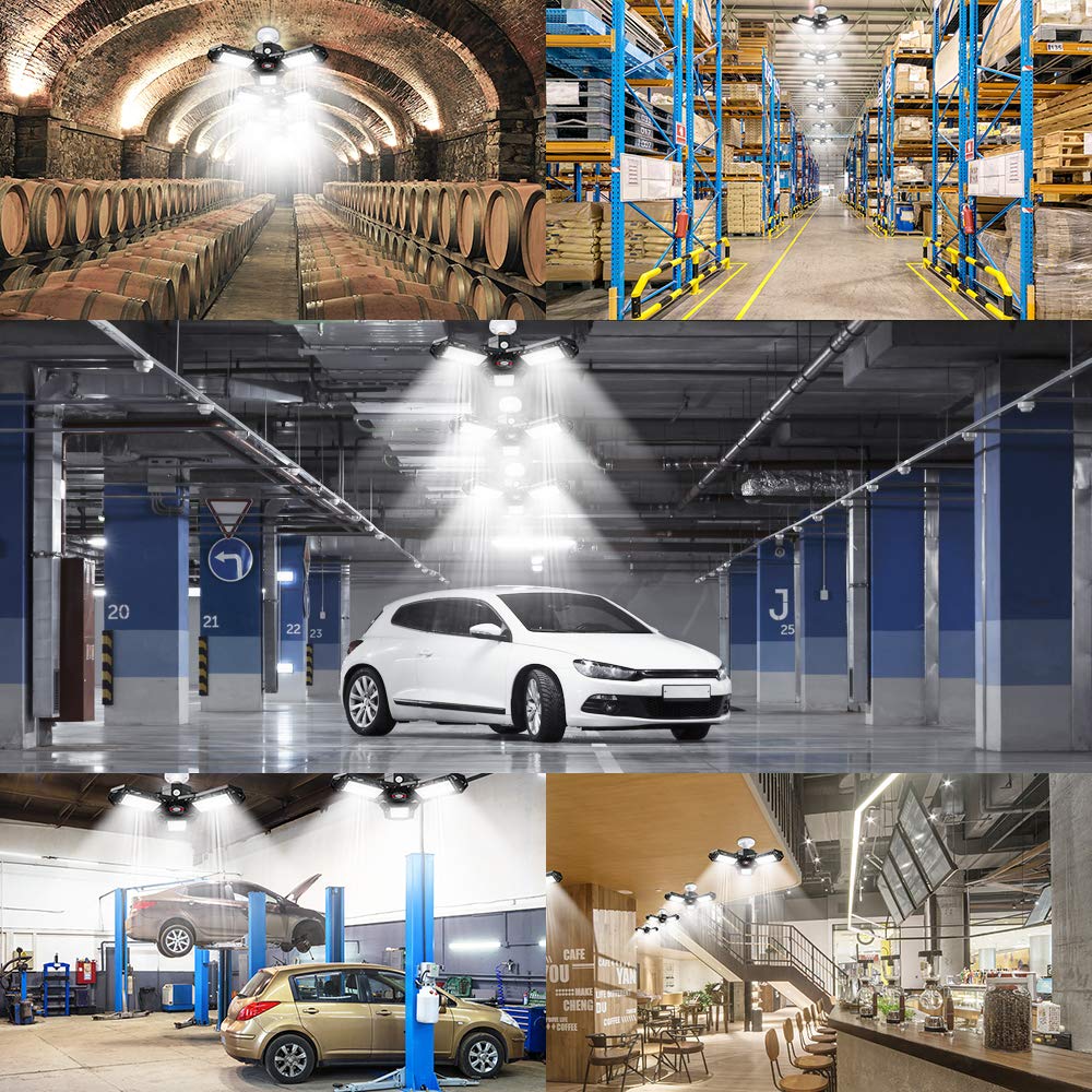 LED Garage Lights, 6000LM 6500K Super Bright Garage Ceiling Light with E26 Screw Socket, LED Three-Leaf Shop Light Adjustable Multi-Position Panels for Garage Attic Basement (Radar Sensor, 100W)