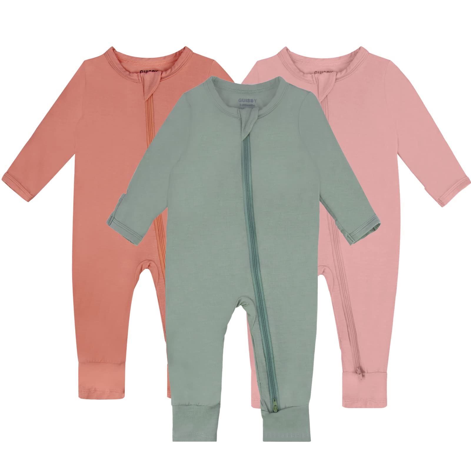 GUISBY Baby Footless Pajamas with Mittens Cuffs, Soft Rayon Double Zippers 3 Piece Sets 18-24 Months