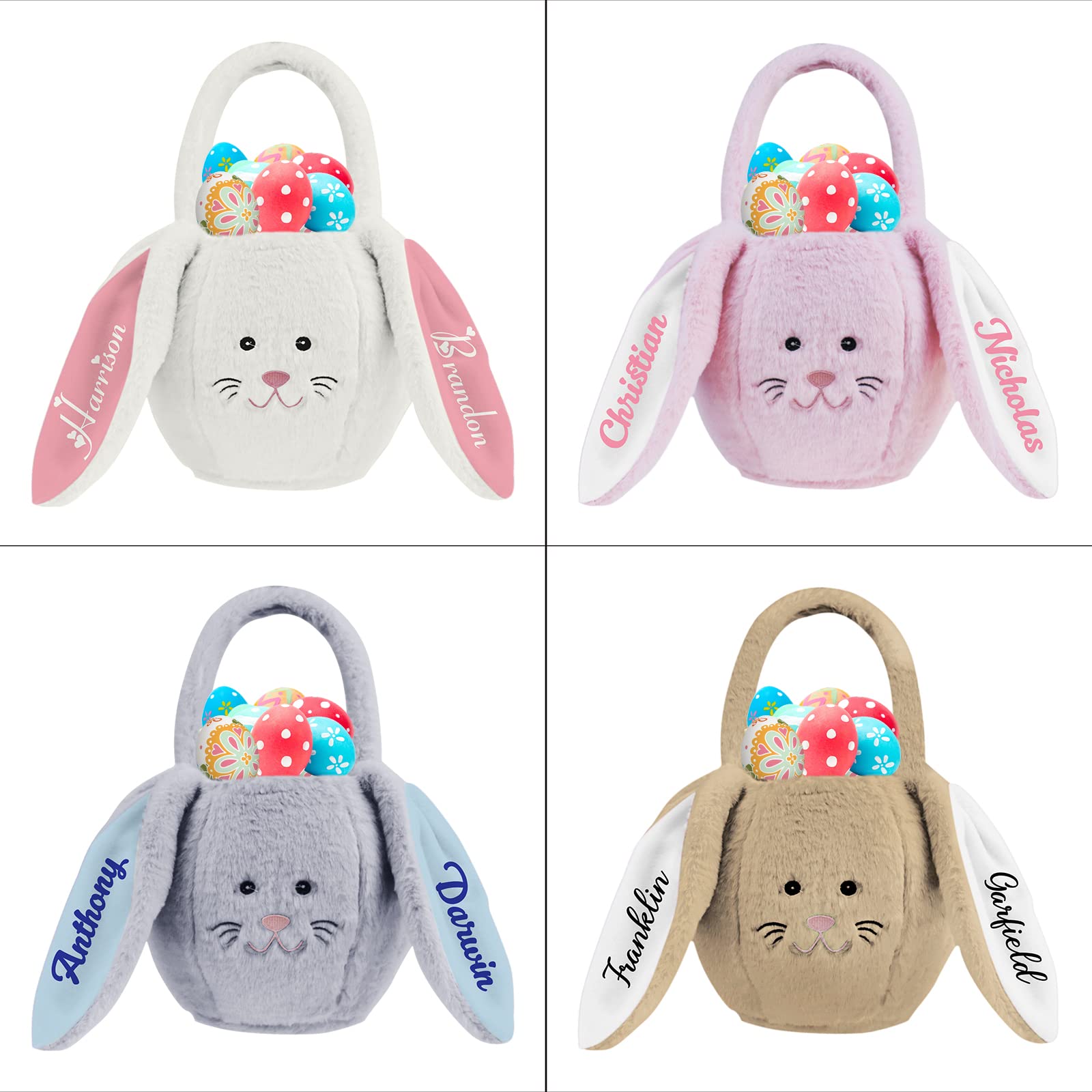 Personalized Easter Buckets with Name Custom Plush Buny Easter Basket with Handle Long Ears, Customized Egg Hunting Bags Easter Gift for Boys Girls, Easter Tote Bag for Candy(Brown)