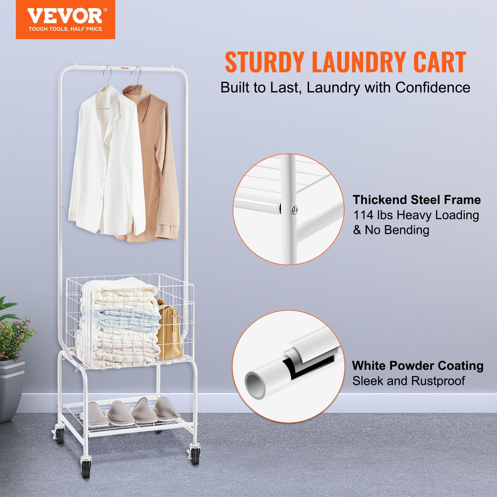 VEVOR Metal Rolling Laundry Basket with Hanging Garment Rack, Laundry Hamper Cart Adjustable Height with Basket Load and Shelf Load, Storage Organizer with Heavy Duty Lockable Wheels, White