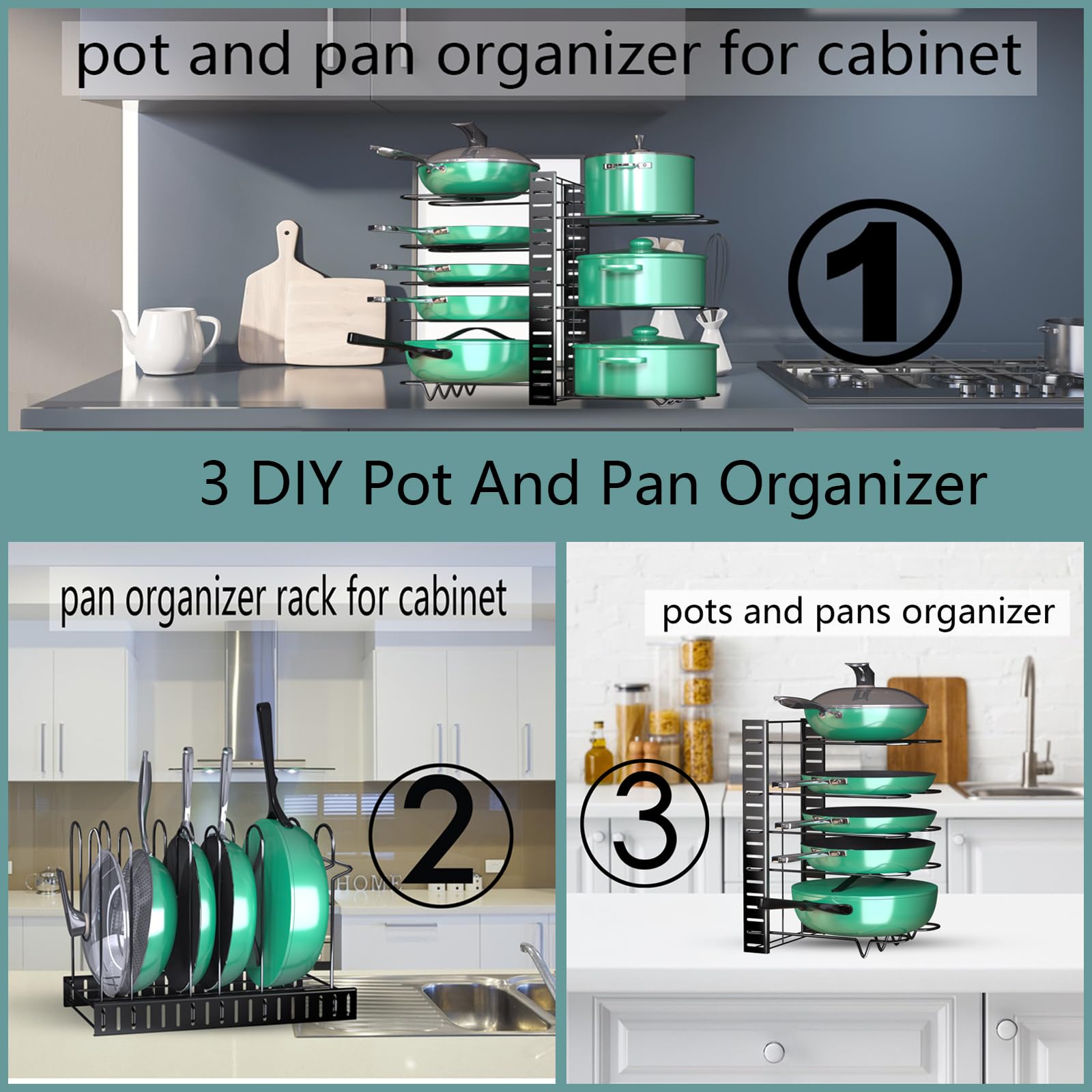 KOSKWKREO Pot And Pan Organizer For Cabinet,Adjustable Pots And Pans Organizer Adjustable Cookware Bakeware Cutting Boards Baking Sheet Black