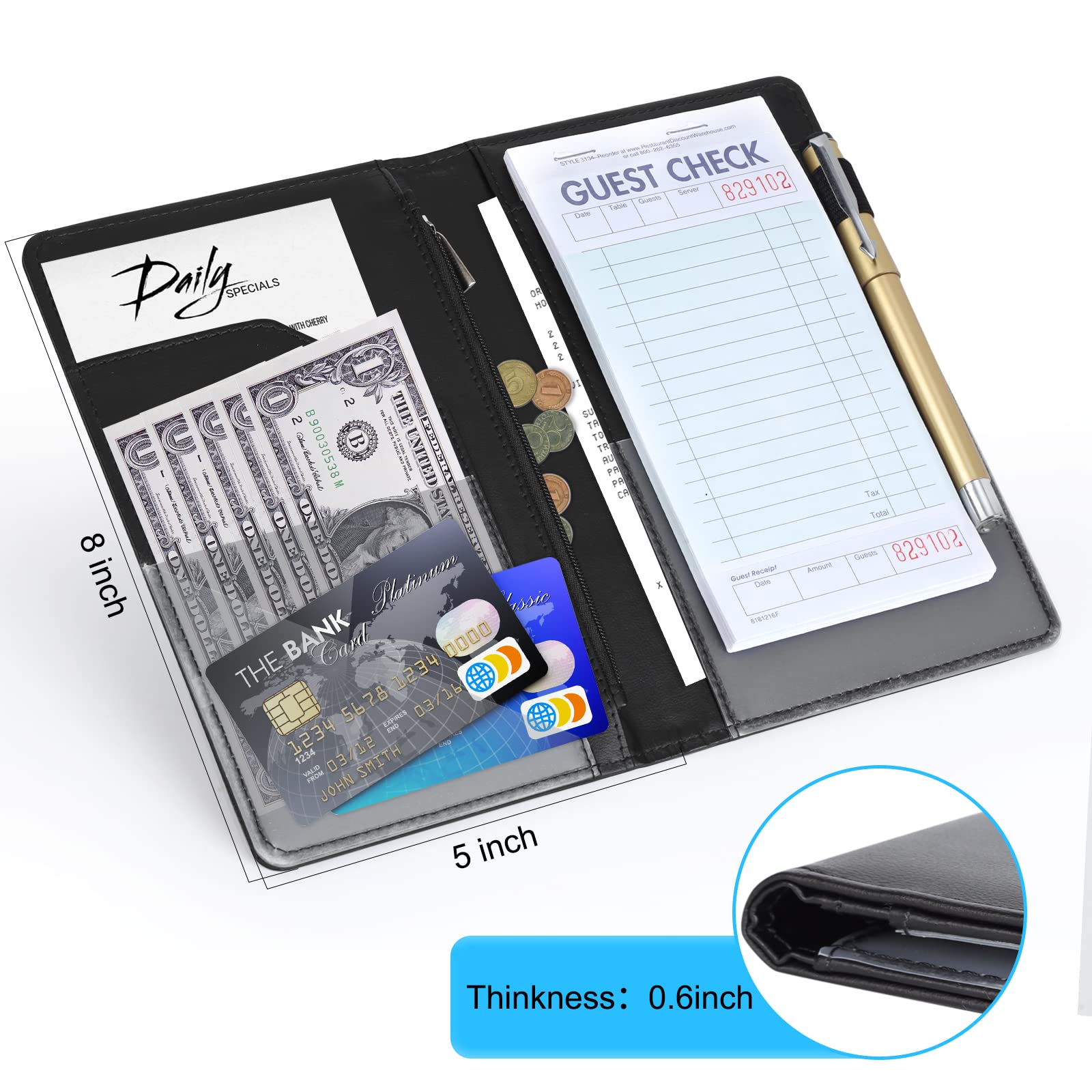 LINTRU Server Books for Waitress, Premium Pu Leather 5 x 8 Inch Servers Book with Zipper Pocket, Waitress Book Fit for Aprons, Check Presenters for Restaurants (A-Pink)
