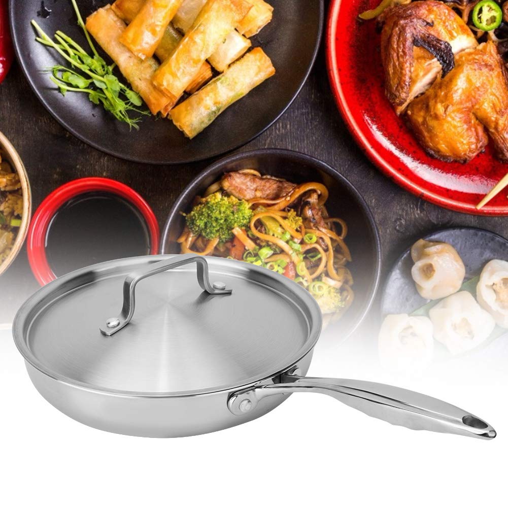 RESTRICTEDLOOP 304 and 403 Stainless Steel Three Layer Flat Non Stick Frying Pan 24cm with Pot Cover for Cooking