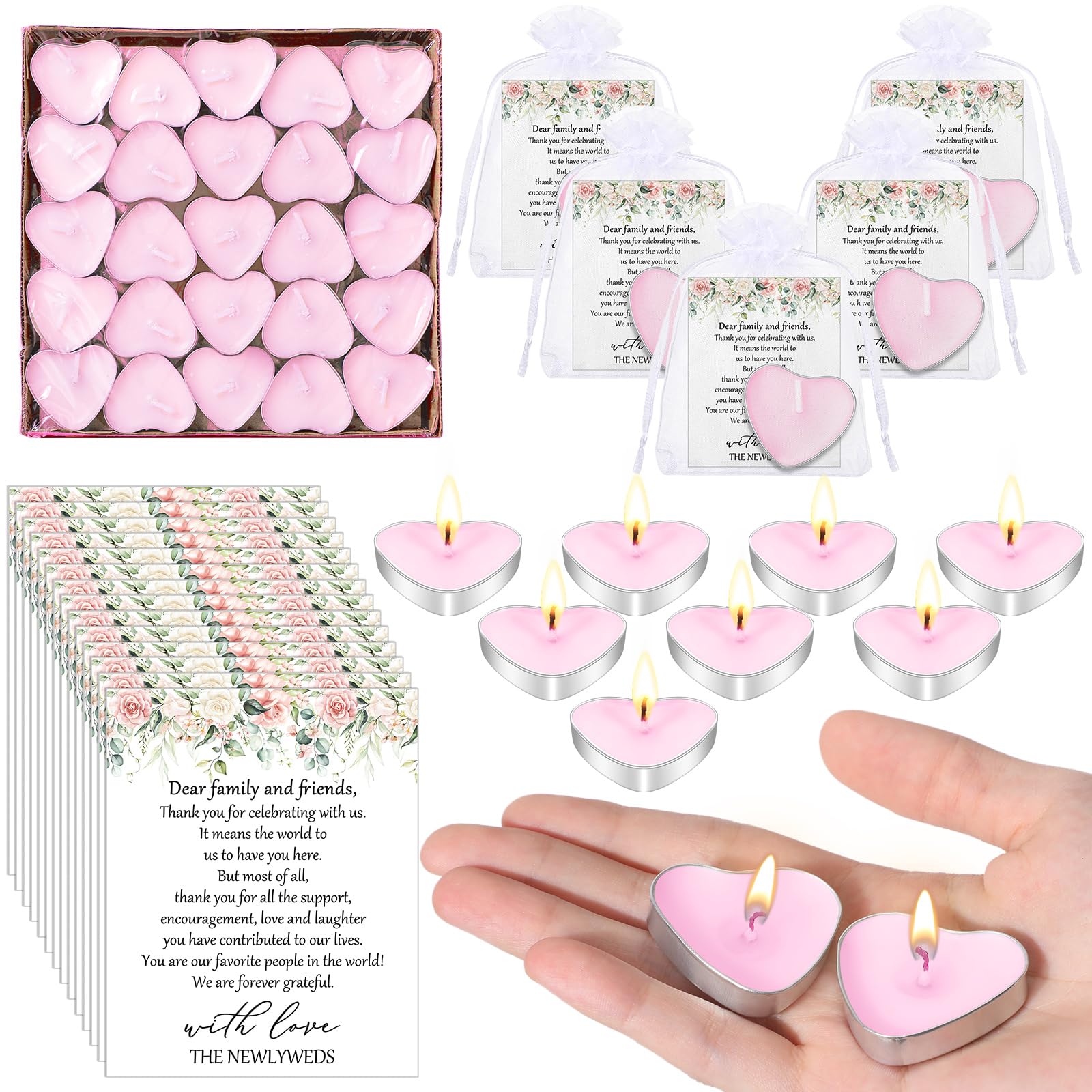 Threlaco 100 Sets Wedding Gifts for Guests 100 Heart Shaped Candles Mini Candles Wedding Candle Gifts for Guests 100 Thank You Cards and Organza Bags for Wedding Party Favors (Love, Pink)