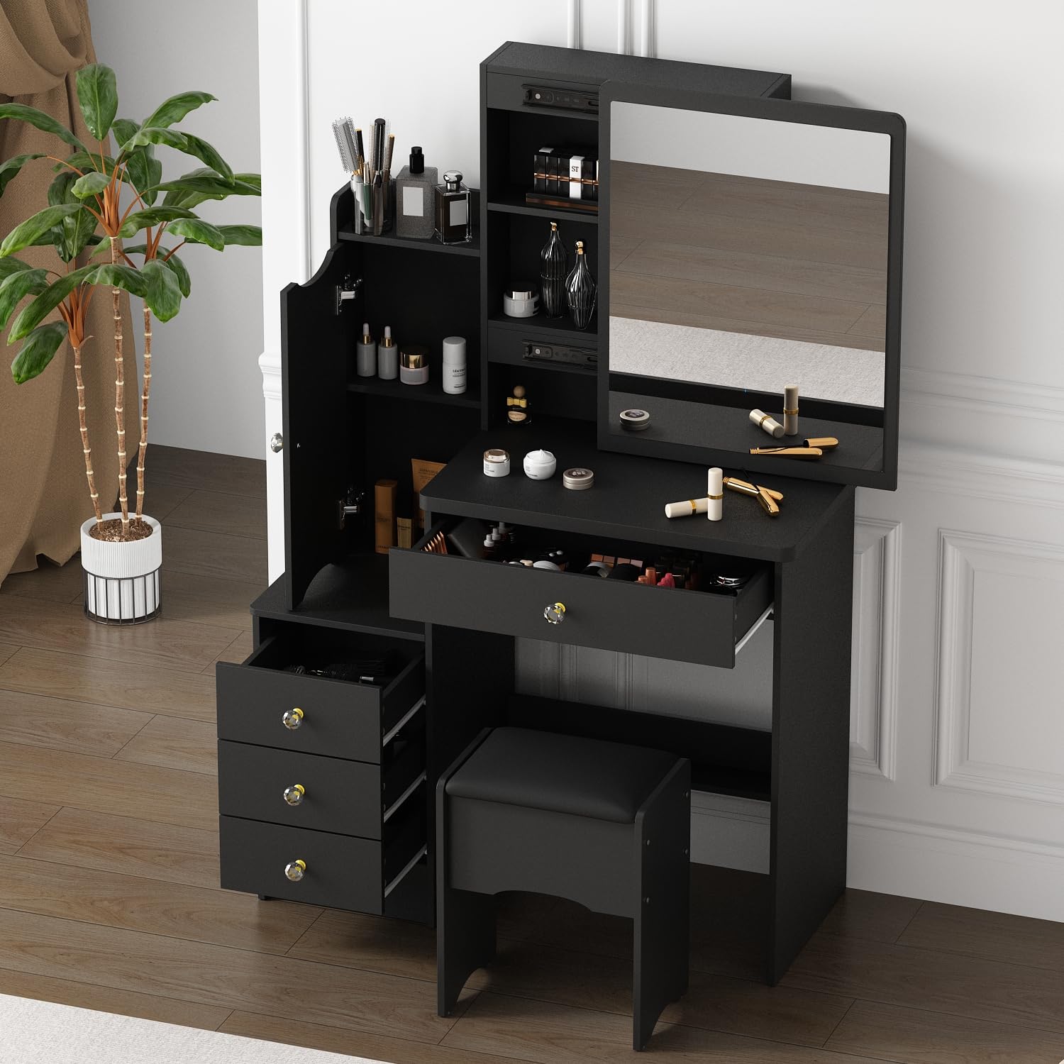 ROMSHINE Small Vanity Desk with Mirror, Makeup Vanity with Shelves & 4 Drawers, Vanity Table Set for Bedroom, Sliding Mirror, Cushioned Stool, Space-Saving, Black, 35.2âW x 15.7âD x 52.4âH