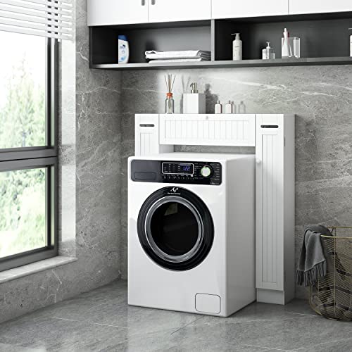Over-The-Toilet Storage Cabinet with 2 Side Doors, Freestanding Toilet Cabinet Organizer with Adjustable Shelves & Paper Holder, Bathroom Space Saver with Pull-Down Door, Toilet Rack, White