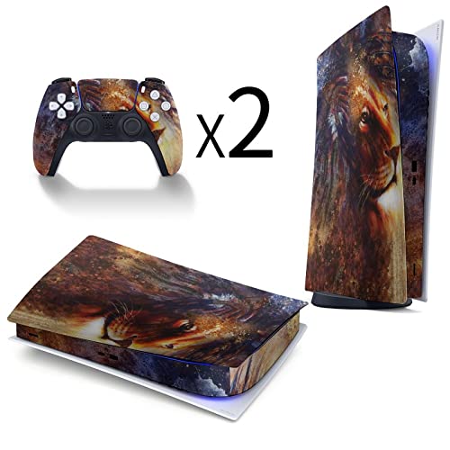 Lion Face Profile Portrait Full Protective Skin Cover Design Wrap Decal Sticker Compatible with PS5 Digital Edition Console and Controller