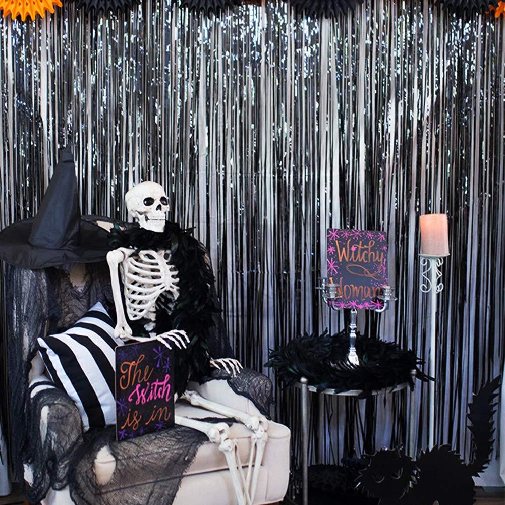Hooqict 2 Pack Black Foil Fringe Curtains Large Metallic Foil Photo Backdrop for Halloween Decorations Birthday Bachelorette Wedding Party Supplies