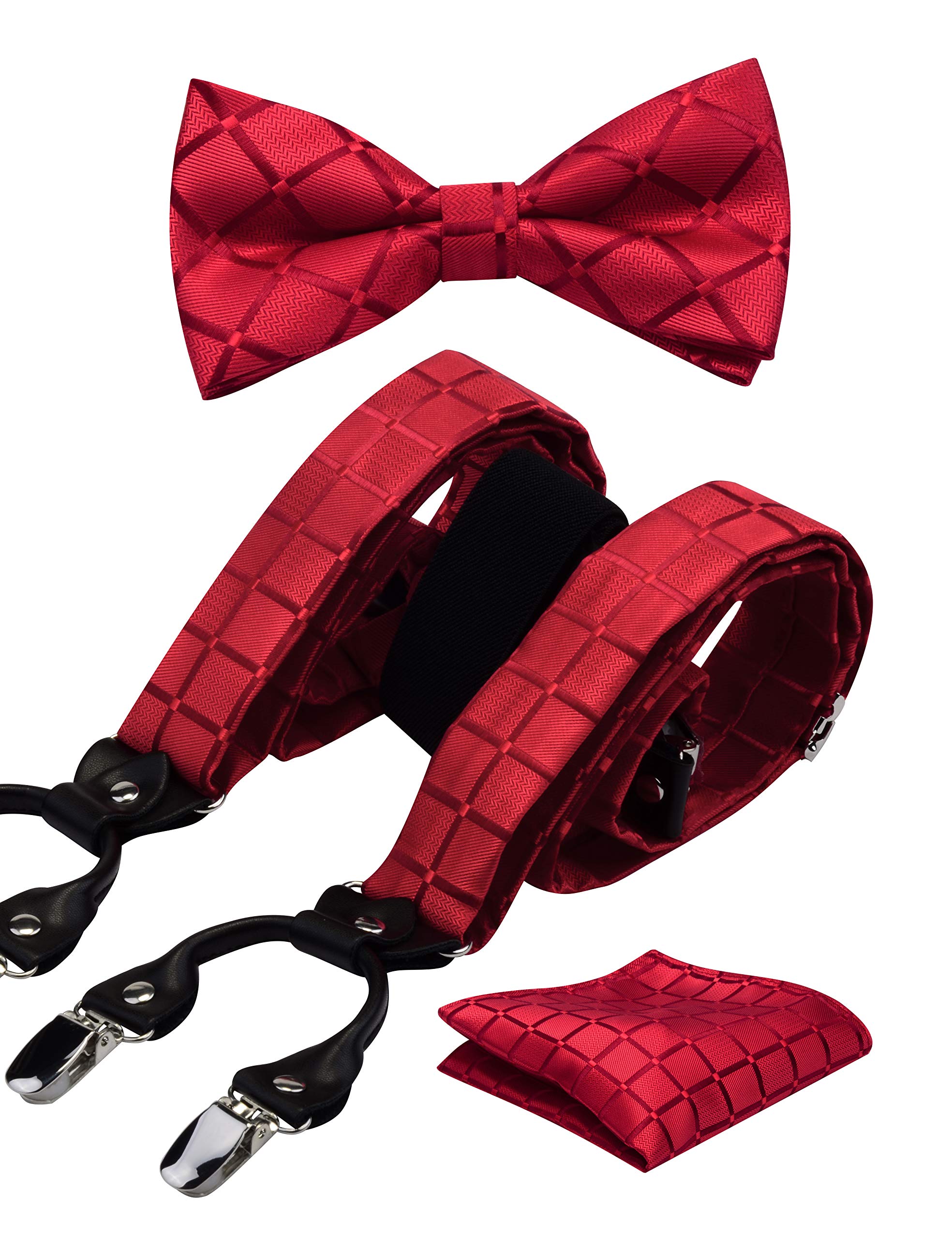 GUSLESON Mens Wedding Red Suspenders Pre-tied Bow Tie and Pocket Square Set Male Plaid Adjustable Tuxedo Suspender (0102-13)