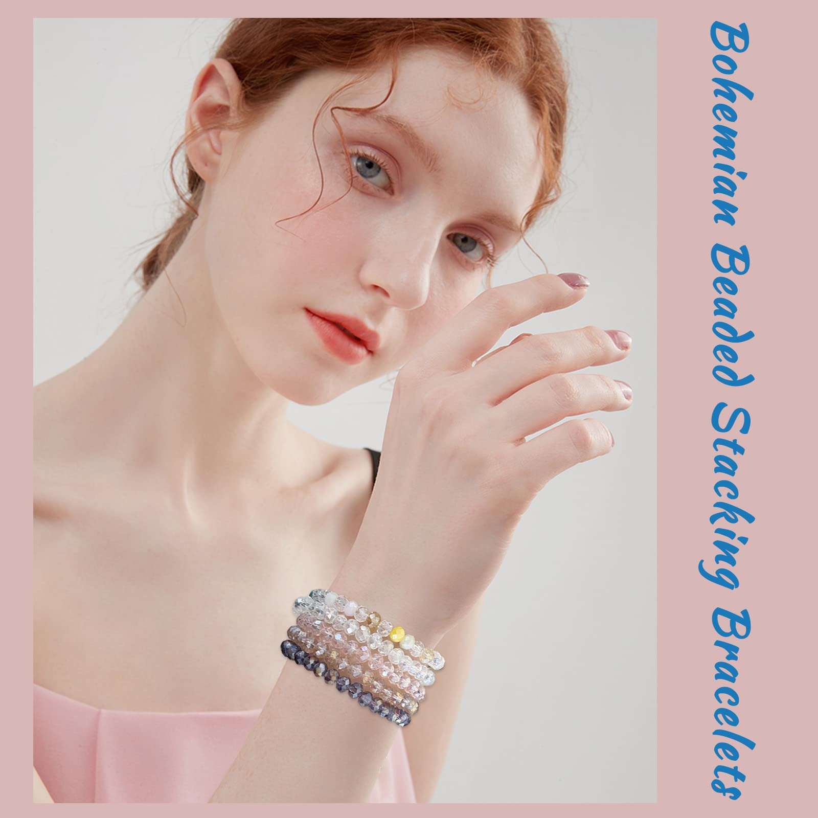 JEWPARK 17Pcs Beaded Bohemian Bracelet for Women Stacking Crystal Beads Bracelets Faceted Glass Beads Bracelets Sparkly Versatile Stretch Cuff Bangle Set 4x6mm