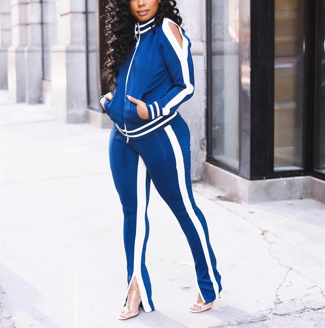 KEYUFANG Off The Shoulder Sweatsuit for Women-Jogging Suits Striped Zipper Jackets+Side Slit Pants Tracksuit Blue White